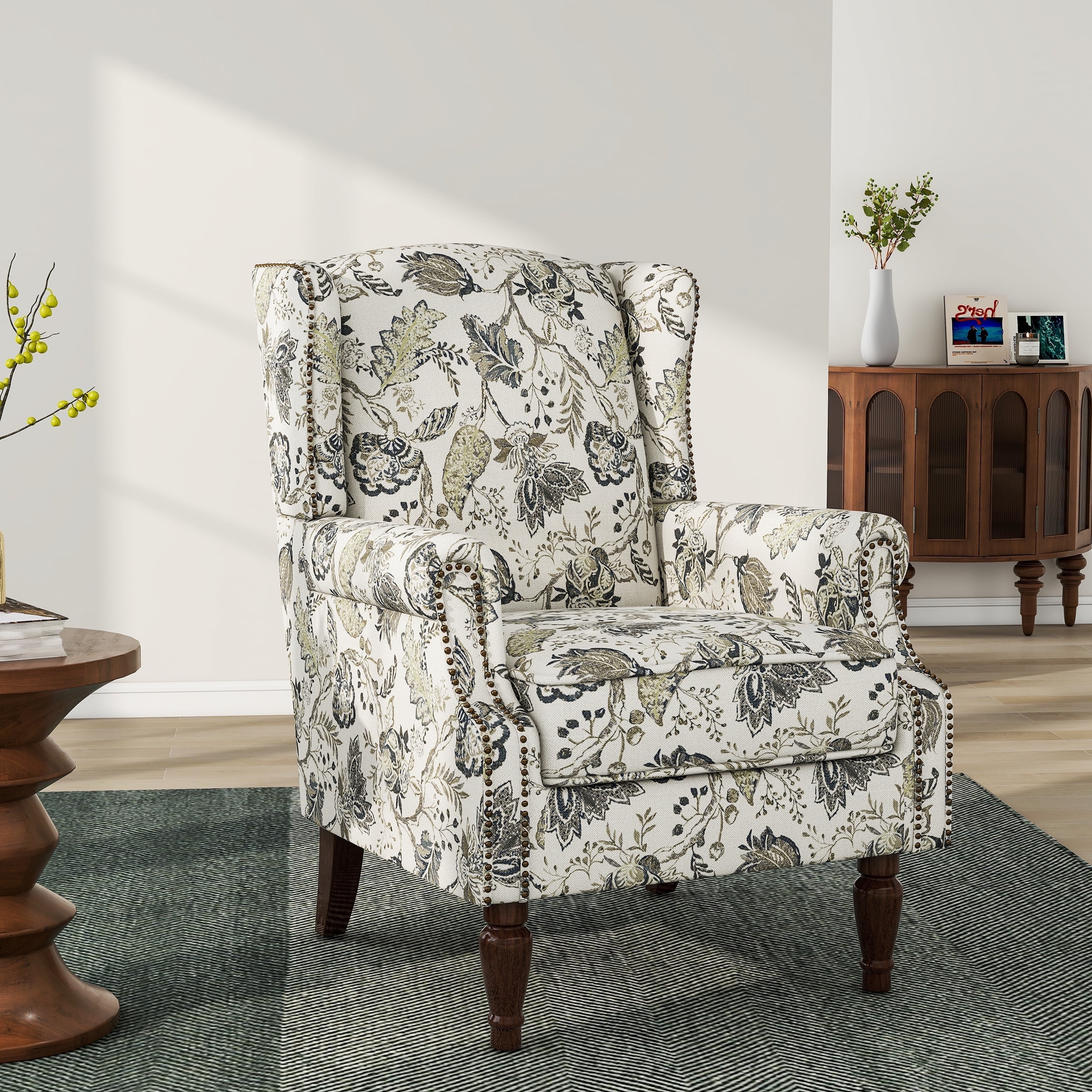 DREAMSIDEA Wingback Accent Chair with Nailhead Trim & Retro Wood Legs ...