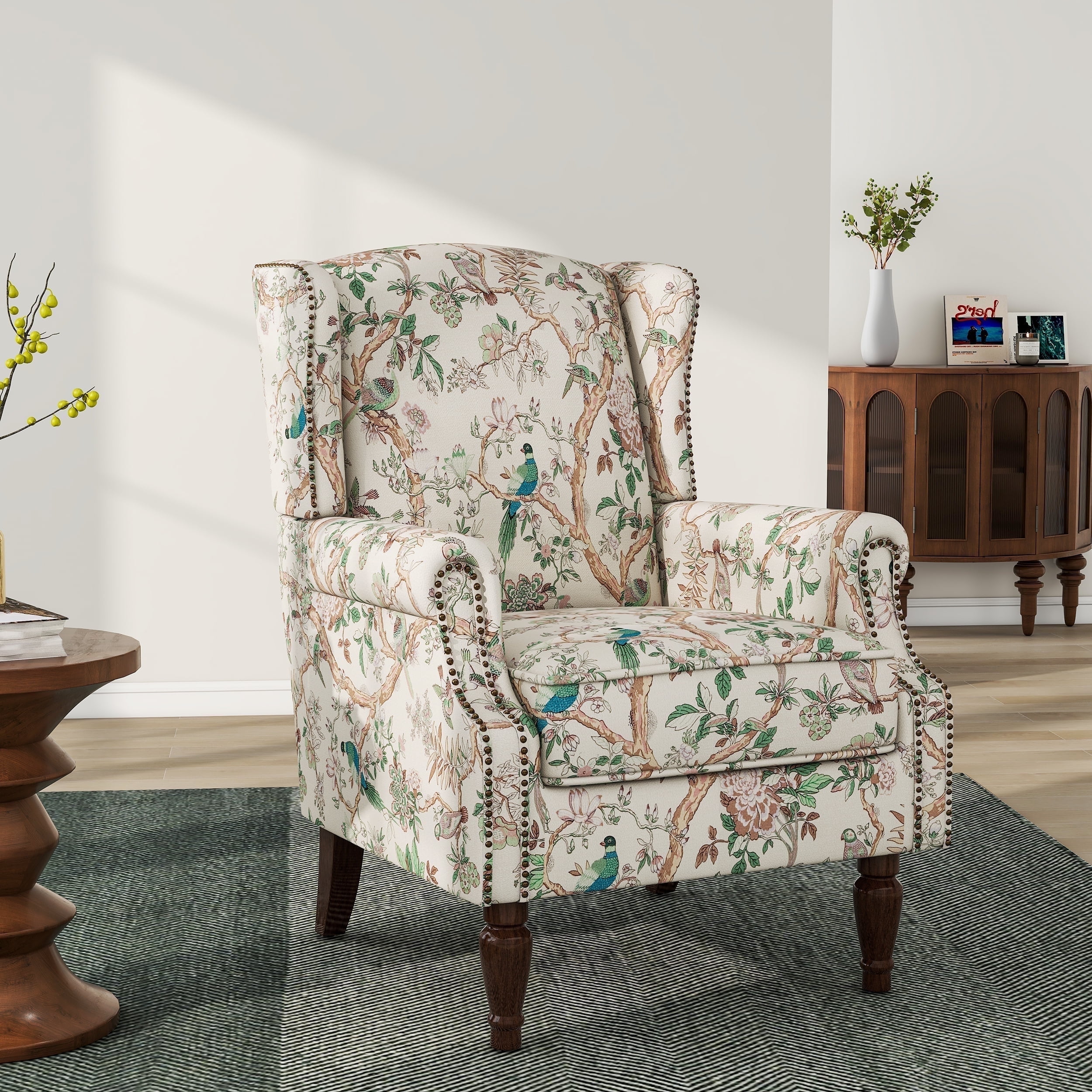 DREAMSIDEA Wingback Accent Chair with Nailhead Trim & Retro Wood Legs ...