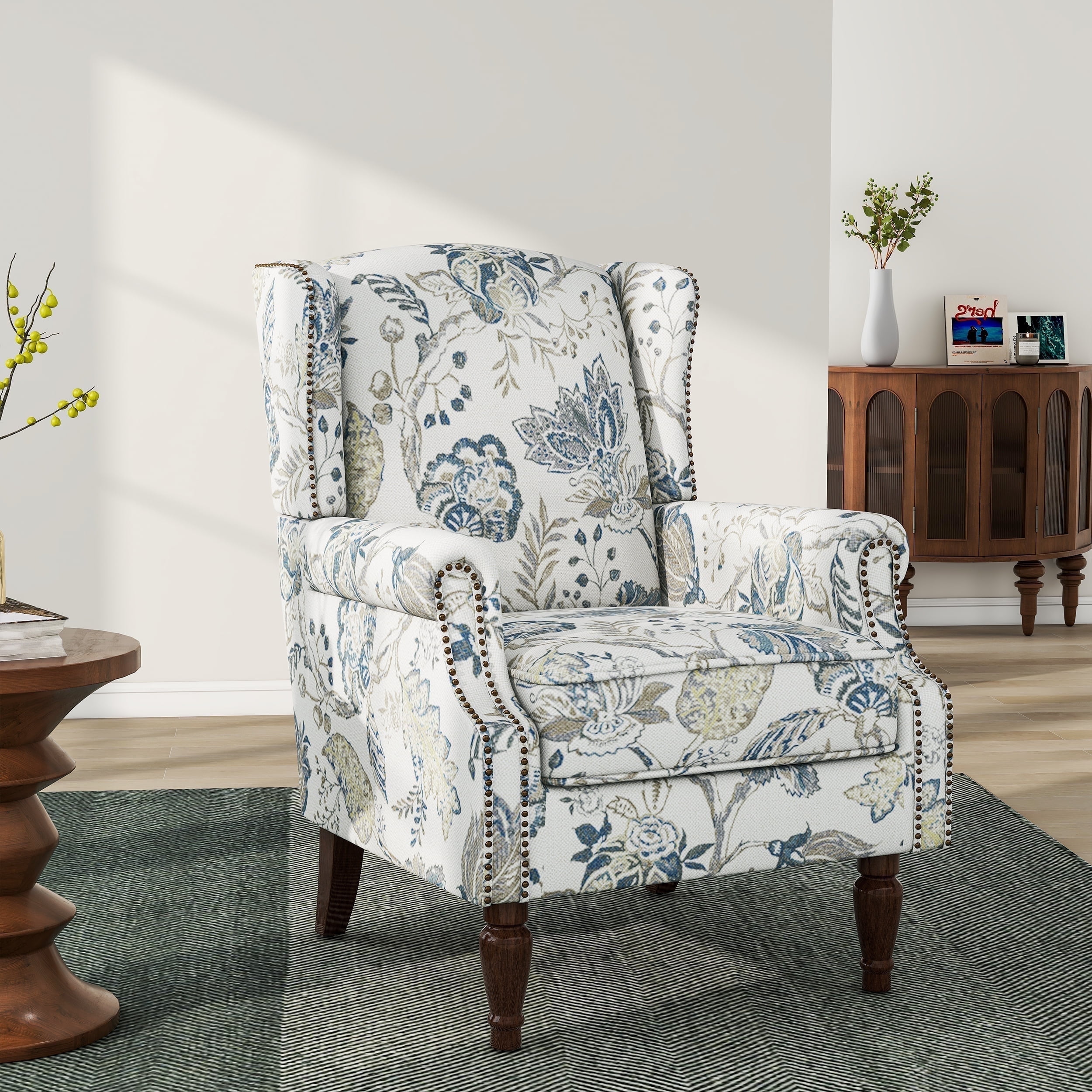 DREAMSIDEA Wingback Accent Chair with Nailhead Trim & Retro Wood Legs ...