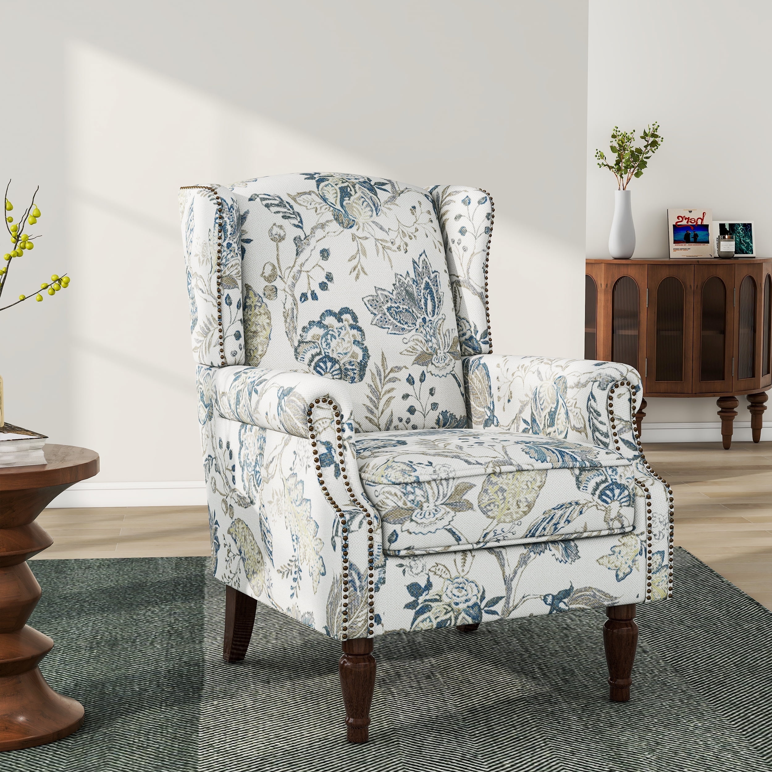 DREAMSIDEA Wingback Accent Chair with Nailhead Trim & Retro Wood Legs ...