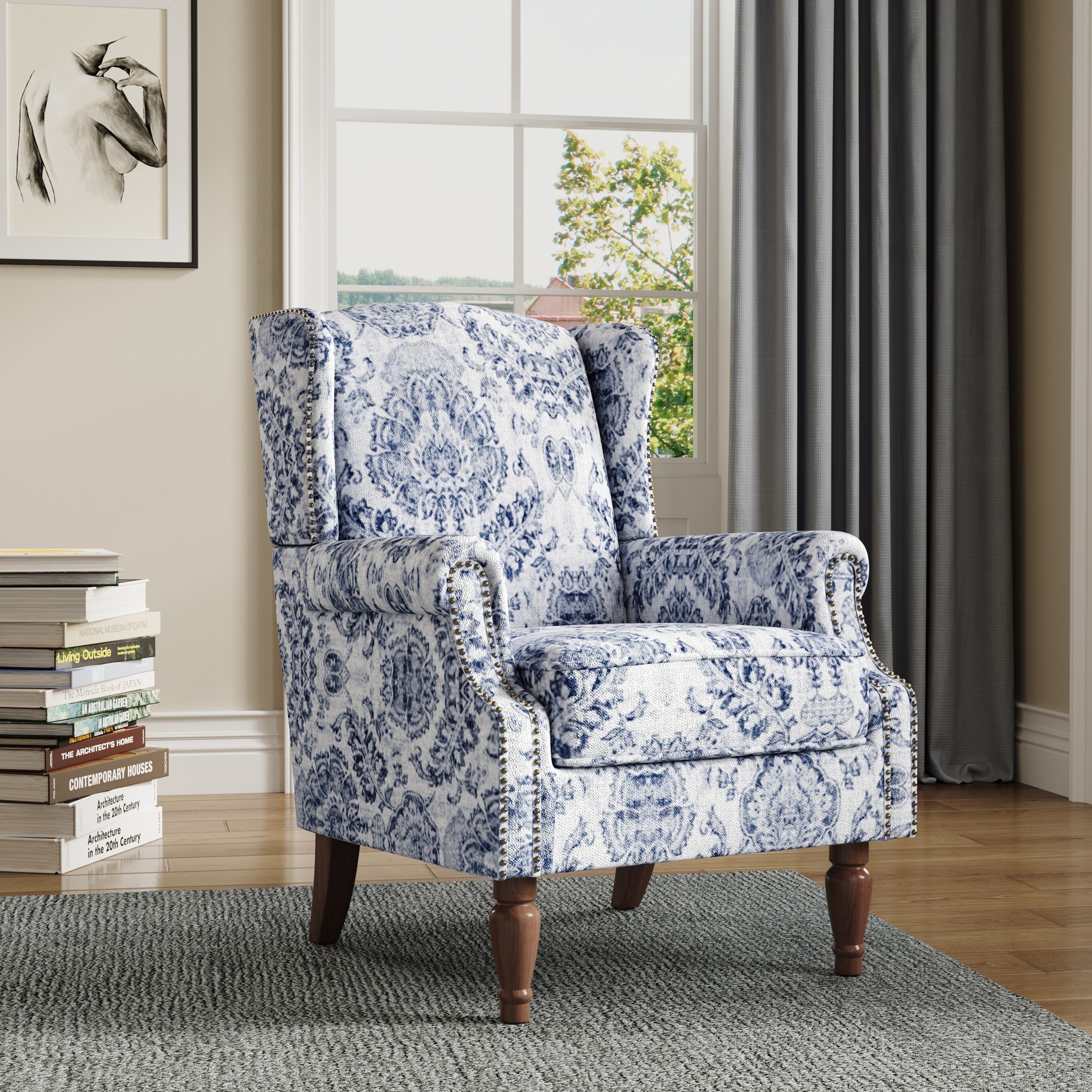 DREAMSIDEA Wingback Accent Chair with Nailhead Trim & Retro Wood Legs ...