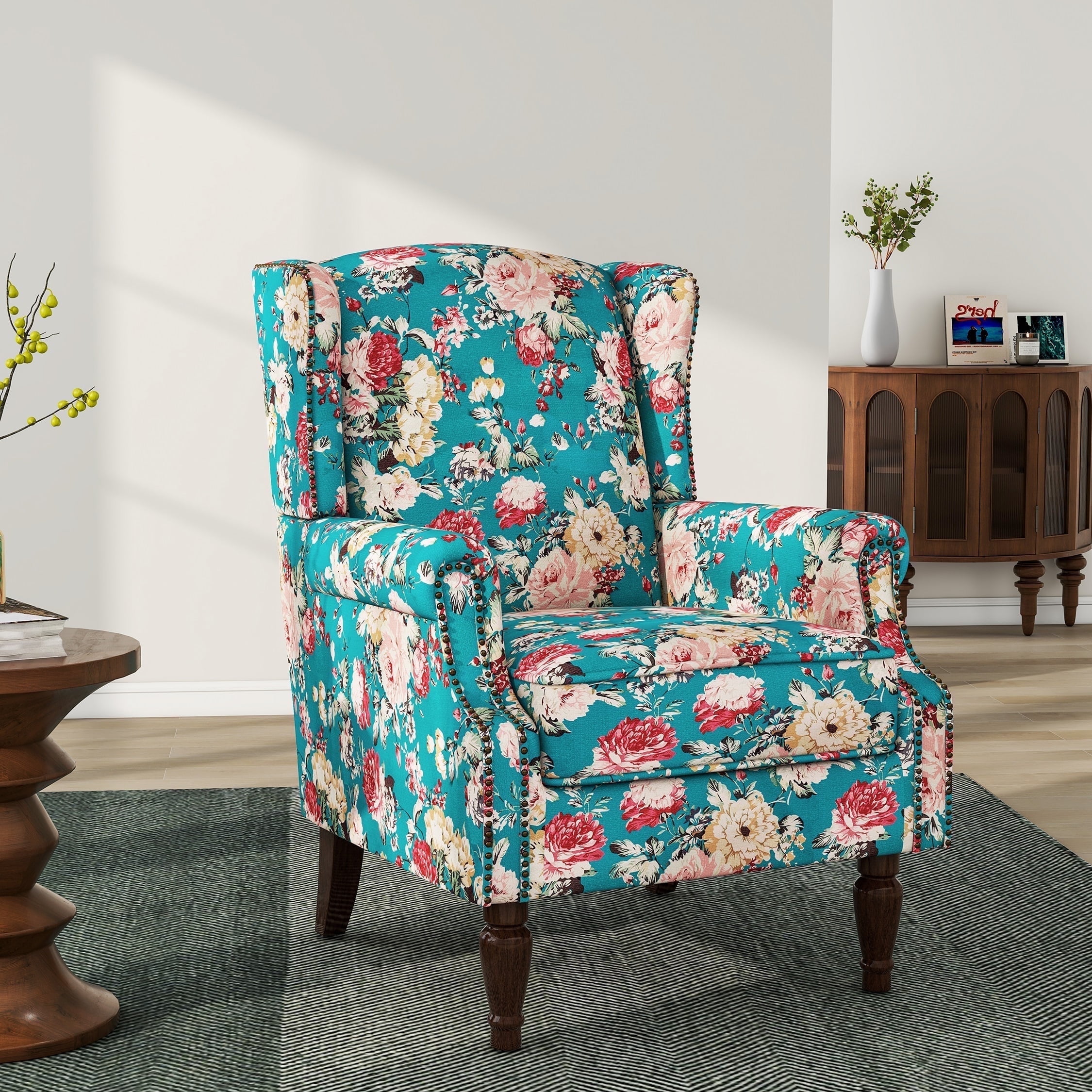 DREAMSIDEA Wingback Accent Chair with Nailhead Trim & Retro Wood Legs ...