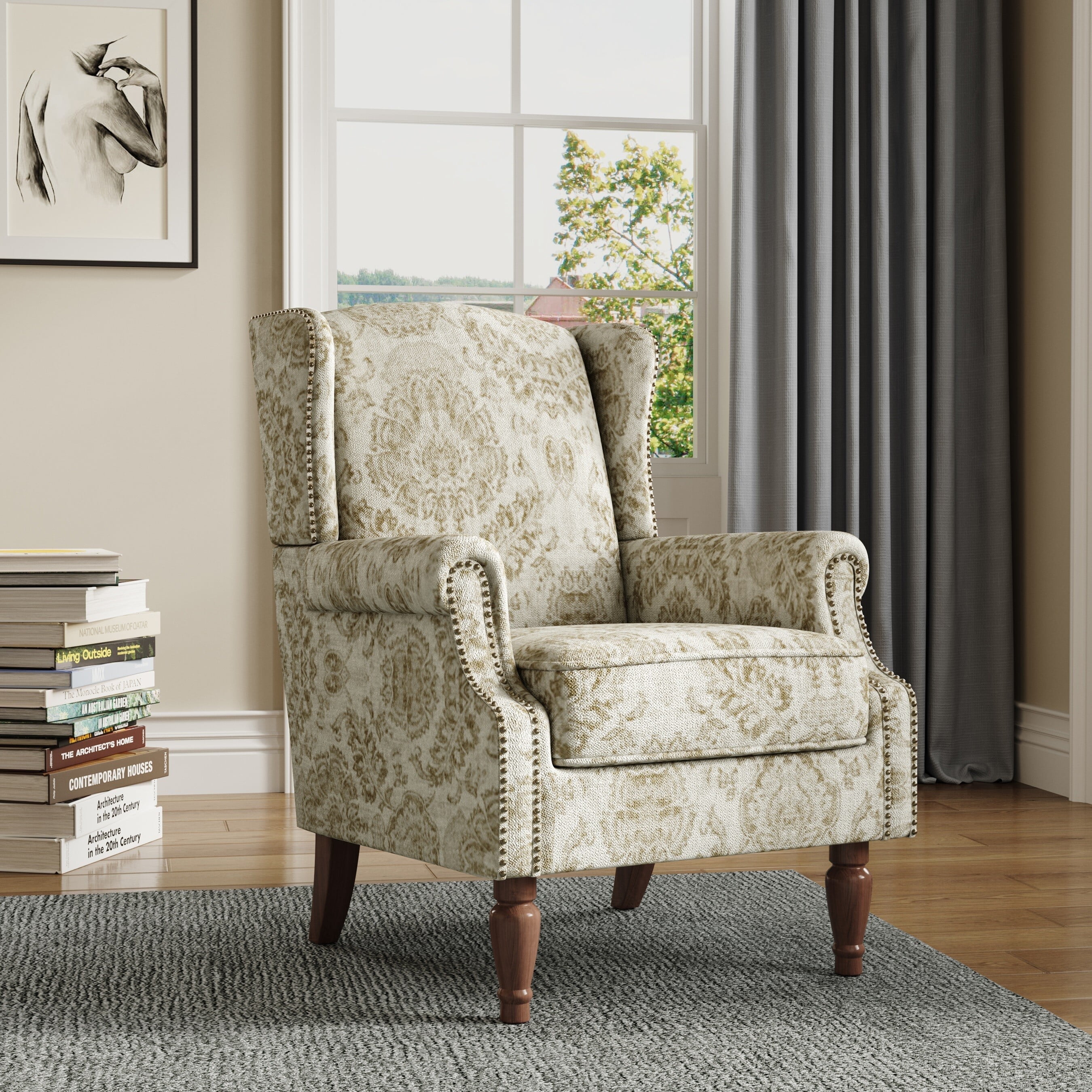 DREAMSIDEA Wingback Accent Chair with Nailhead Trim & Retro Wood Legs ...