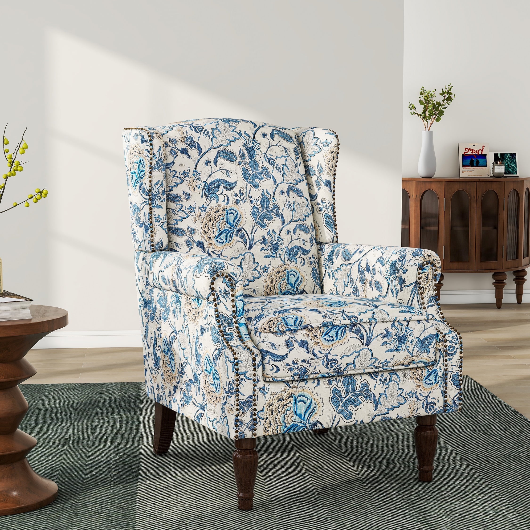 DREAMSIDEA Wingback Accent Chair with Nailhead Trim & Retro Wood Legs ...