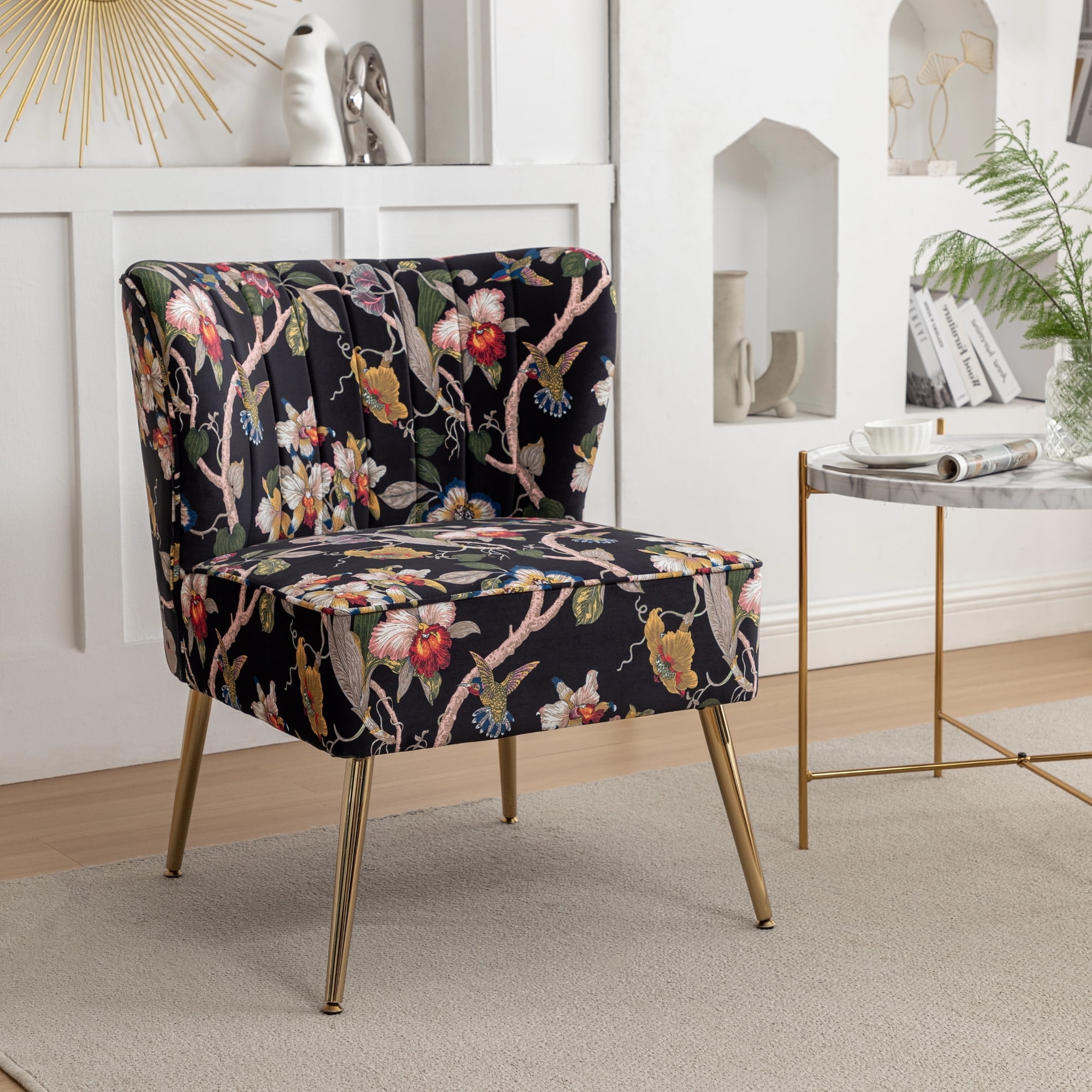 DRKAT Armless Accent Chair with Gold Metal Legs, Modern Comfy Tufted ...