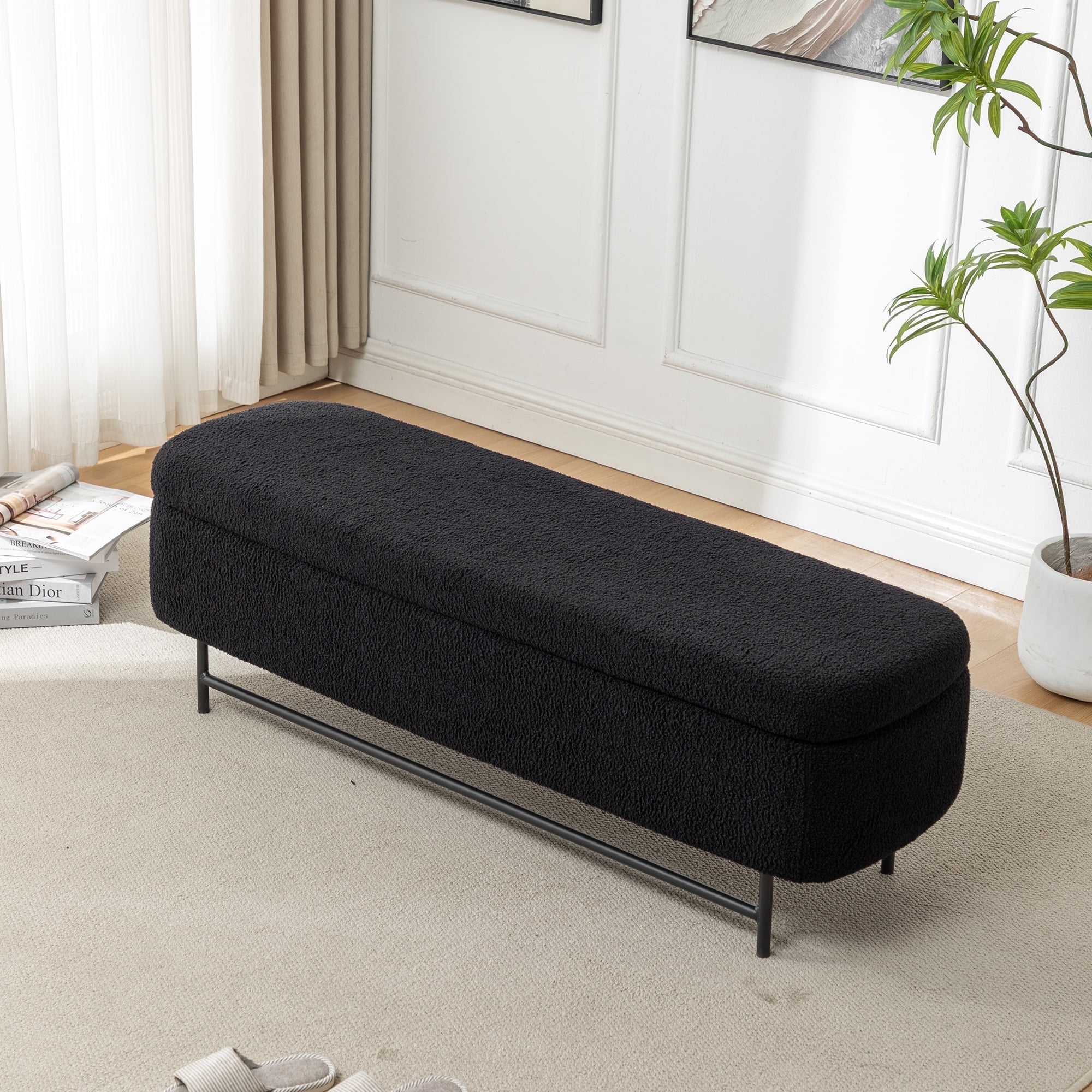 DRKAT Boucle Storage Bench for Bedroom, Upholstered Teddy Ottoman Bench ...