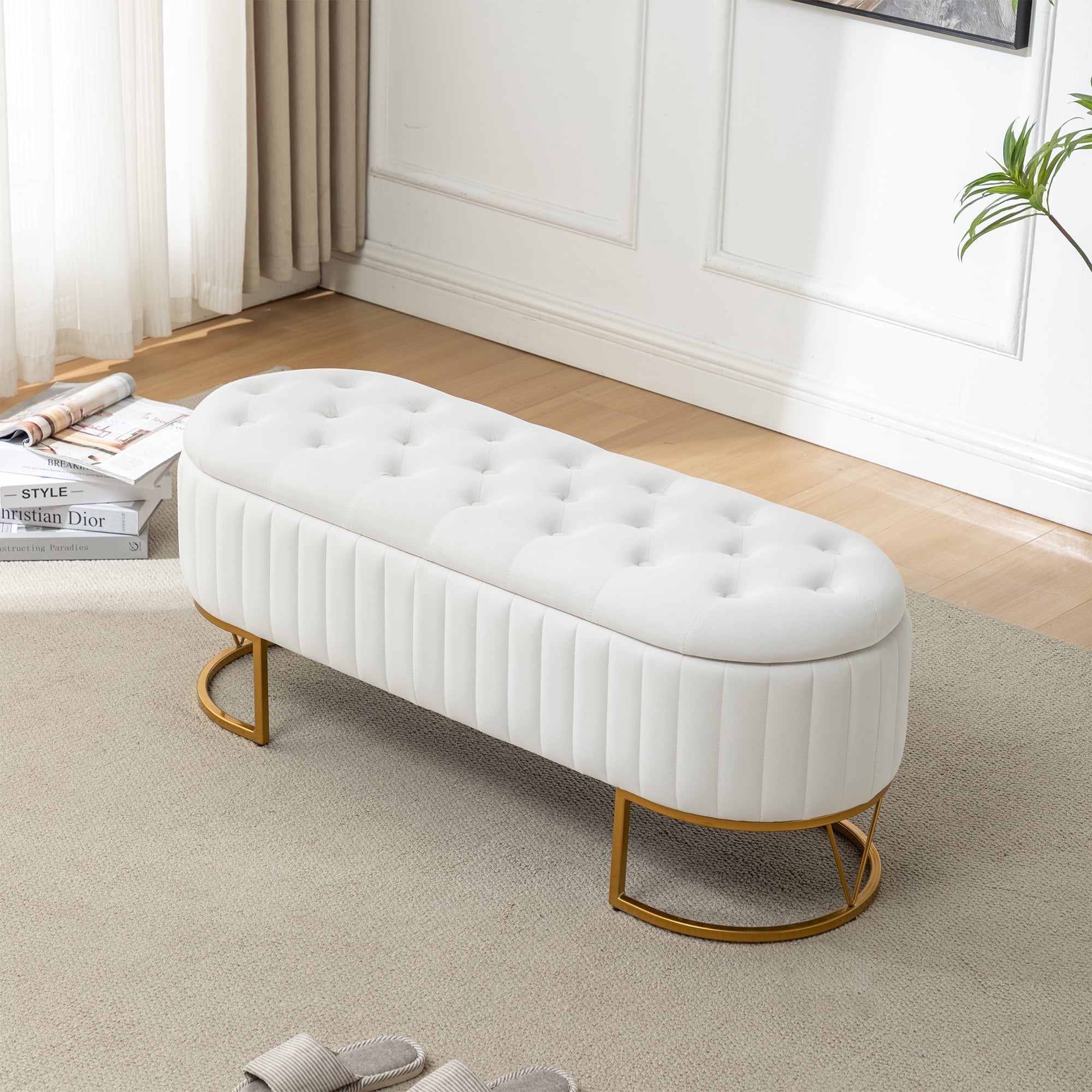 DRKAT Storage Bench Bedroom Bench, Velvet Oval Upholstered End of Bed ...