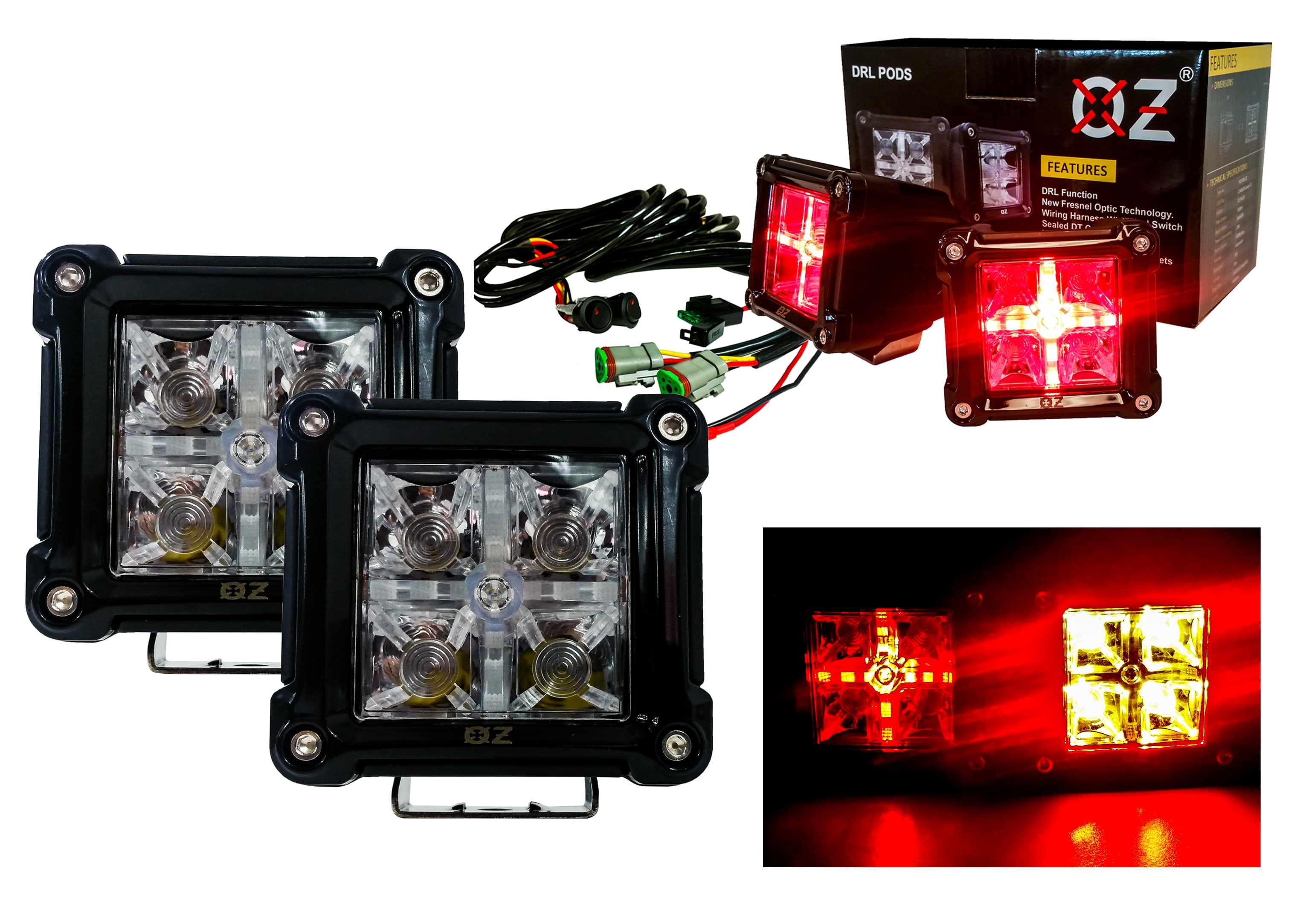 DRL POD 3" Red OZ-USA® 20w LED Spot Beam + Red DRL Rear Fog light Brake ...