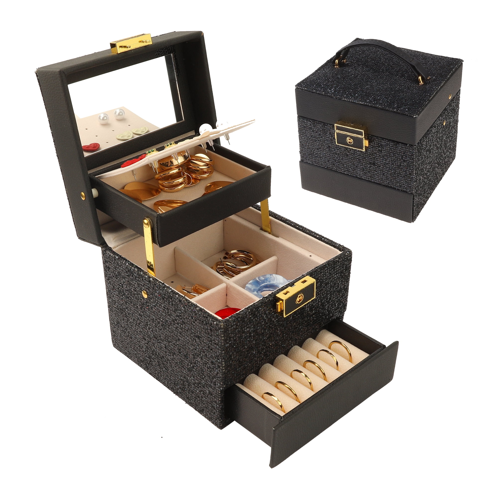 DRMHM 3 Layer Jewelry Box with Mirror, PU Leather Sequins Jewelry ...