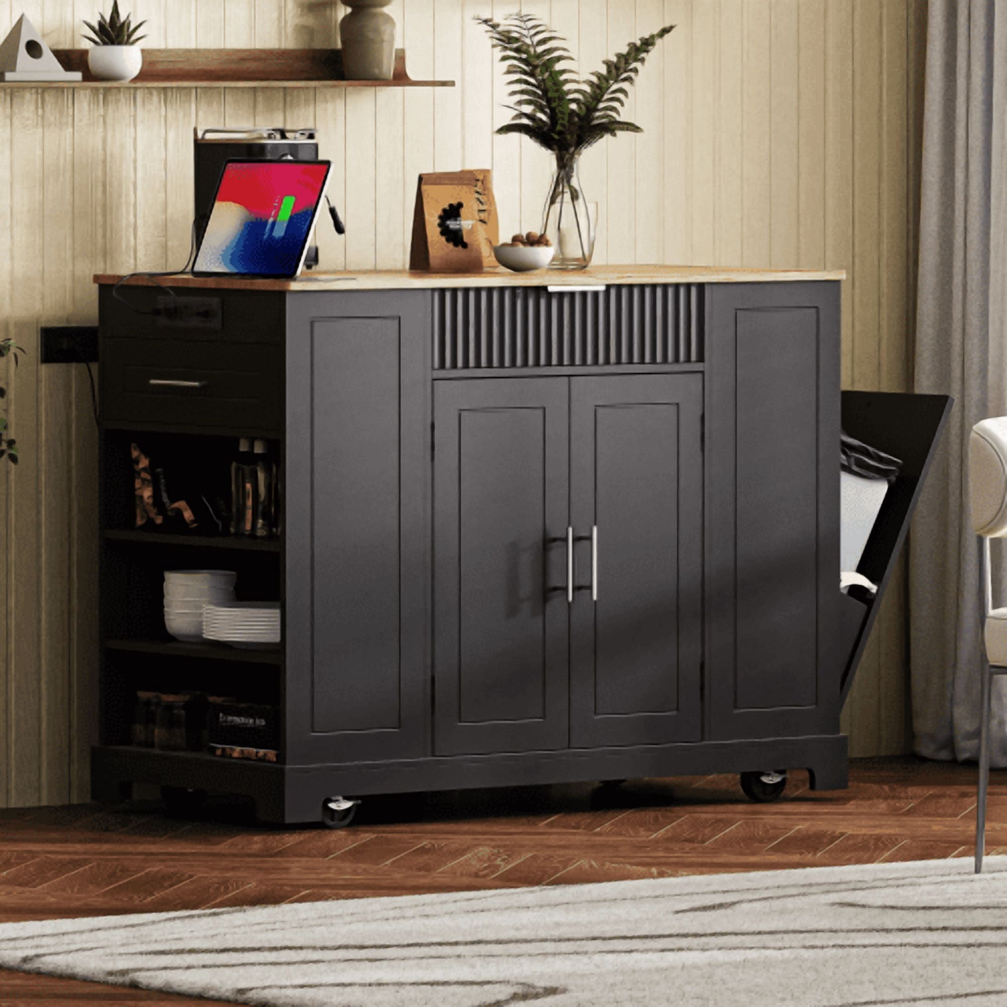 DRNANLIT Fluted Kitchen Island with Trash Can Storage Cabinet, Power ...