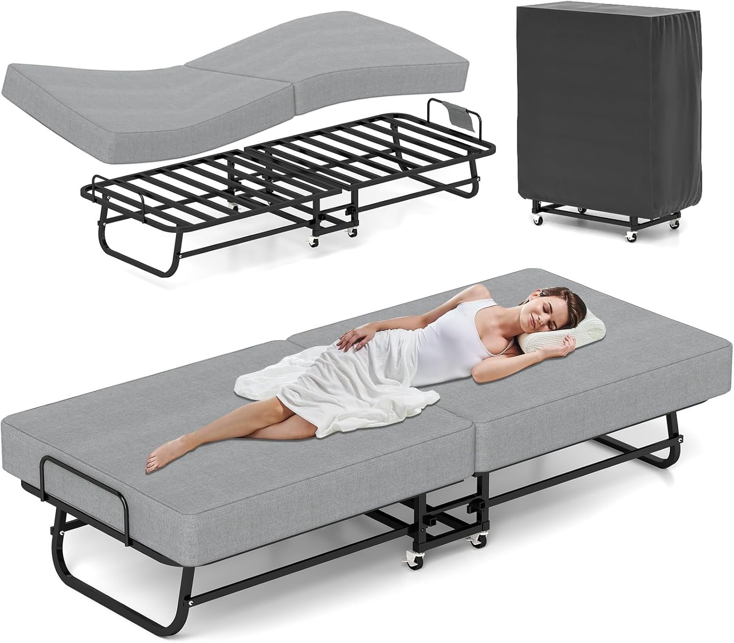 DRNANLIT Rollaway Bed Folding Bed with 6cm Foam Mattress for Adults ...