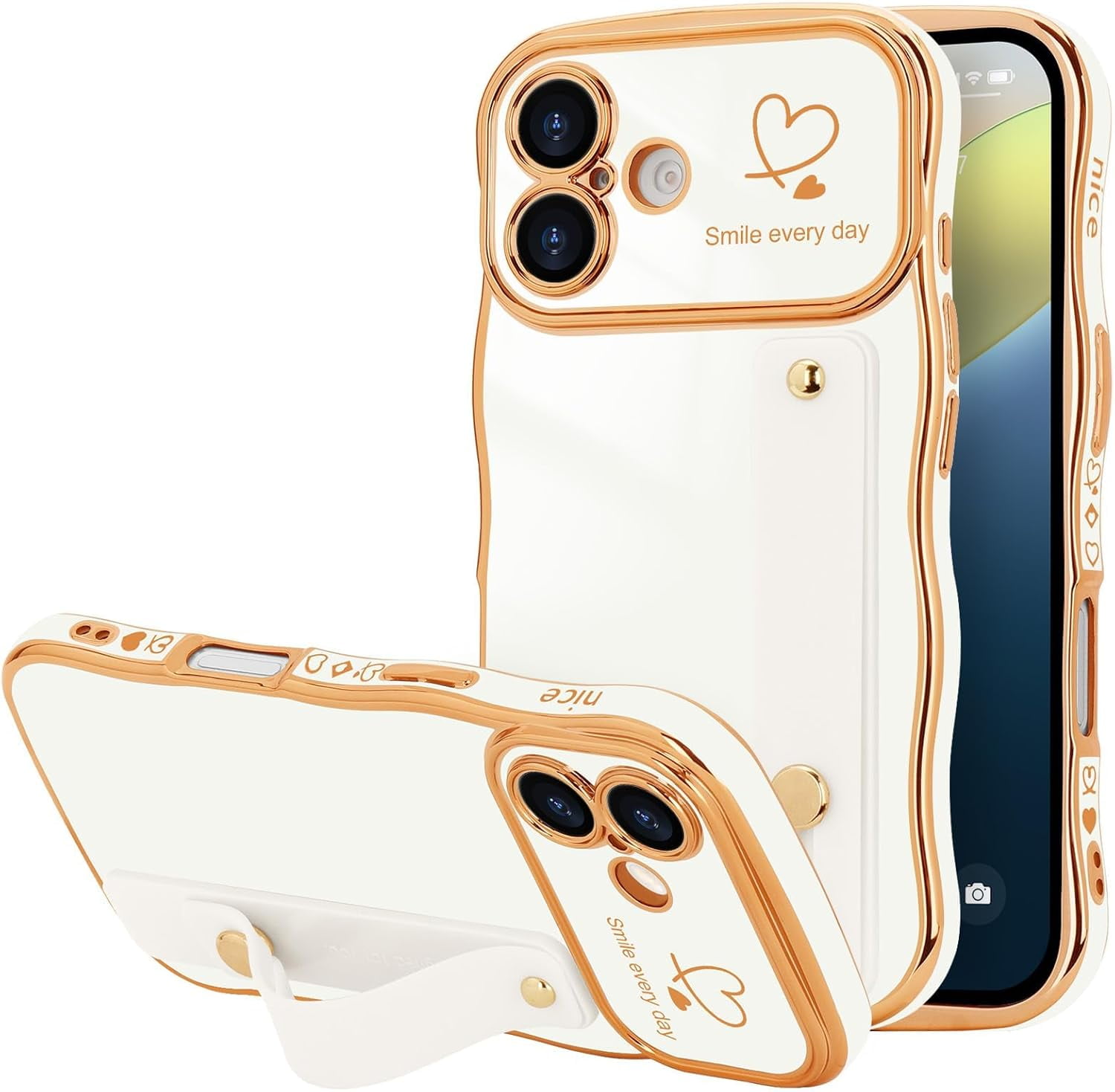 DRQSFA-for iPhone 16 Case for Women Girls with Strap, Wave Frame Cute Love-Heart Plating Luxury ...