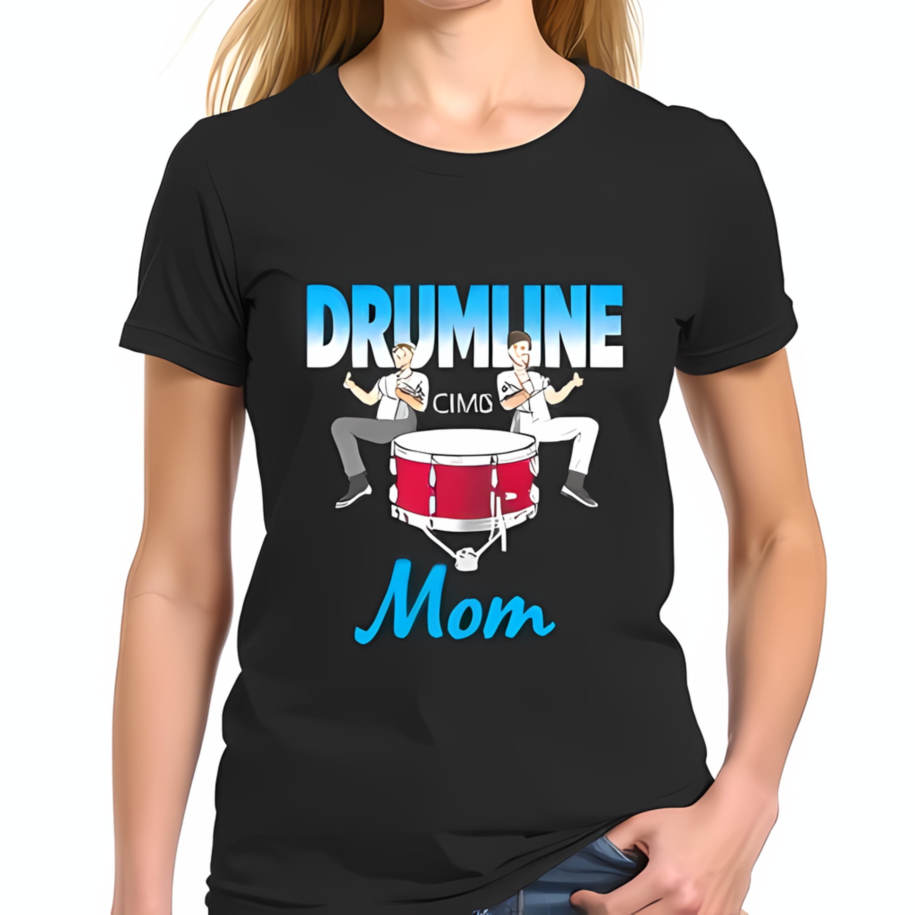 DRUMLINE MOM Cotton Short Sleeve T-Shirt - Vibrant Blue & Teal Design with Cartoon Drummers ...