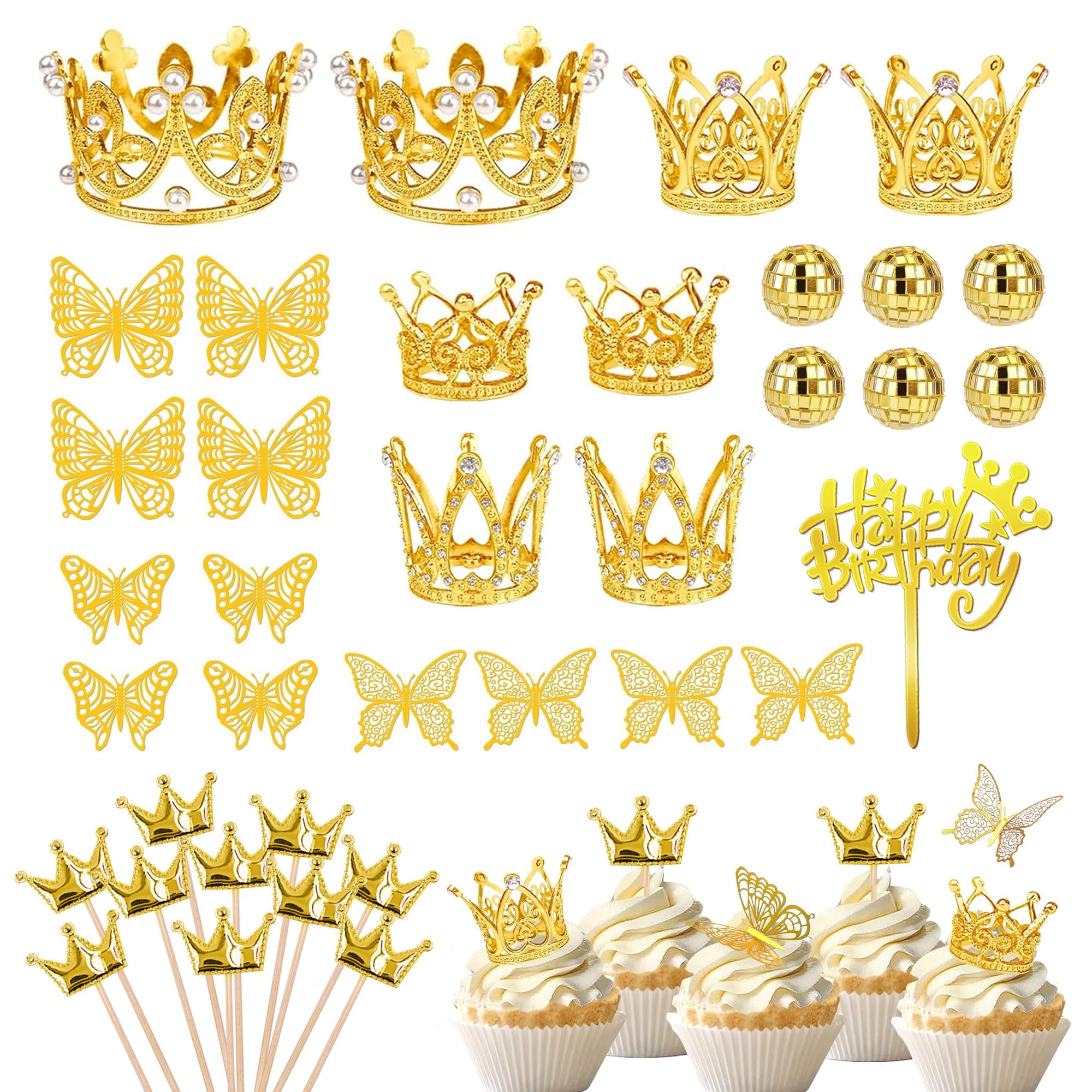 DRWATE 37 Pcs Crown BDF32 Cake Topper Mini Gold Crown Butterfly Disco Ball Decorations for Women ...