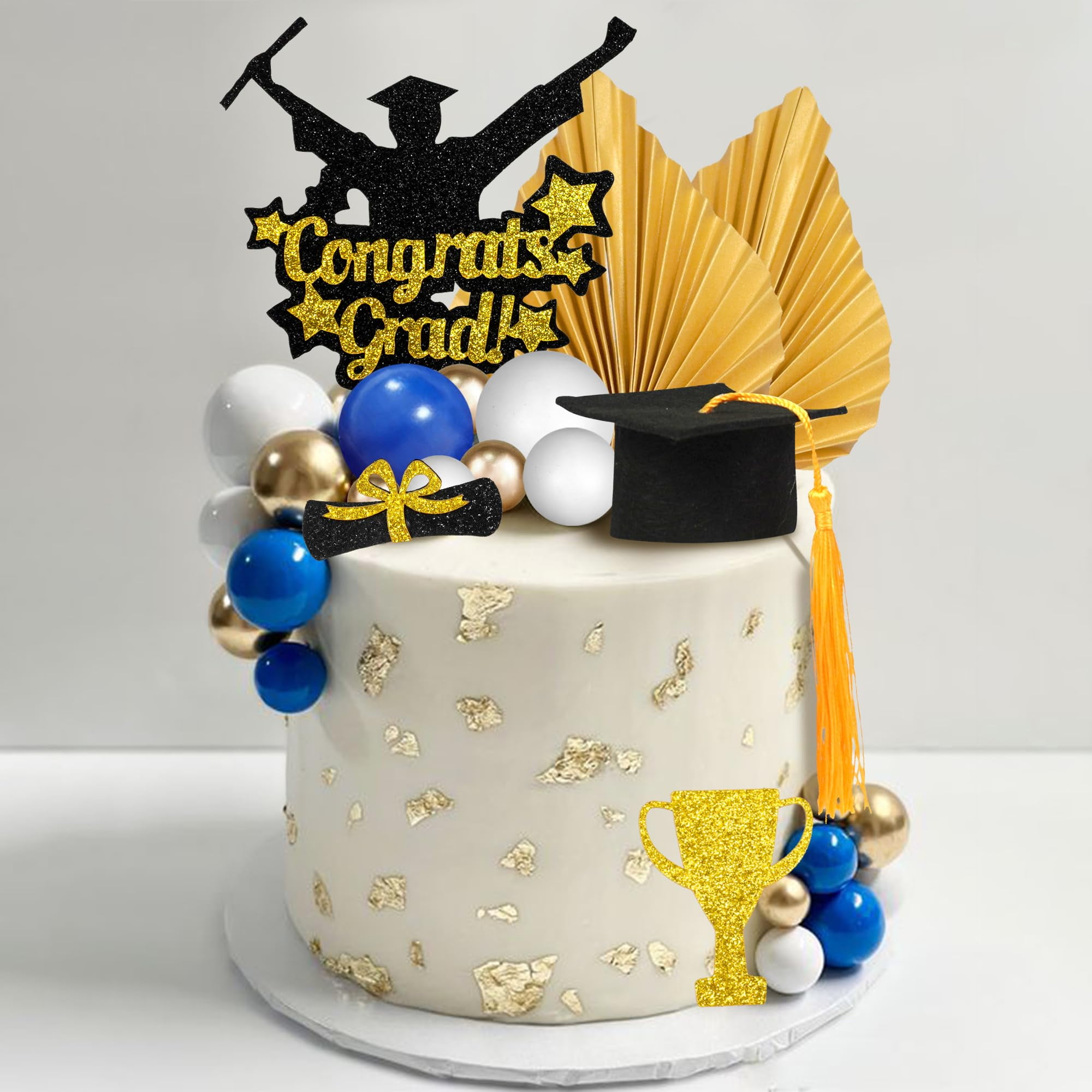 DRWATE Graduate CakeEGSC Toppers Mortarboard Blue Golden White Ball ...