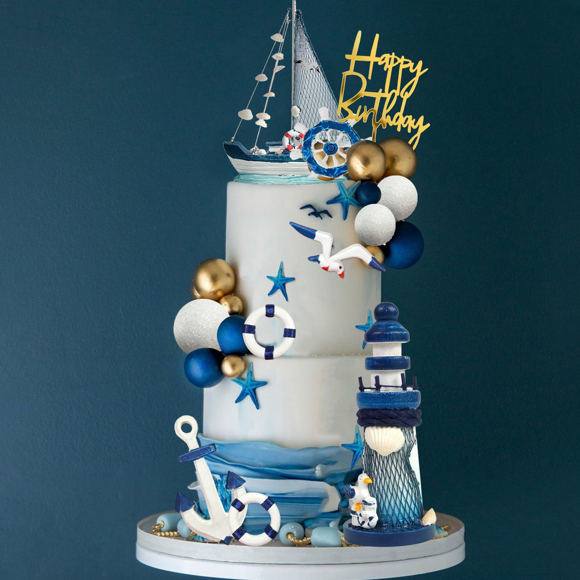 DRWATE Nautical Cake Topper OKA4 Ship Lighthouse Blue White ball Cake ...