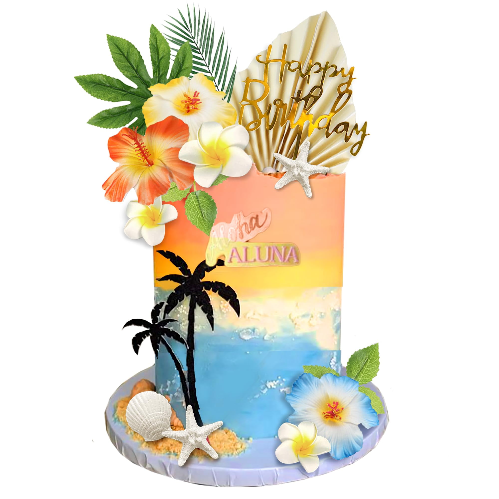 DRWATE Summer Beach Cake IEF31 Topper with Flowers Palm Leaves Starfish ...