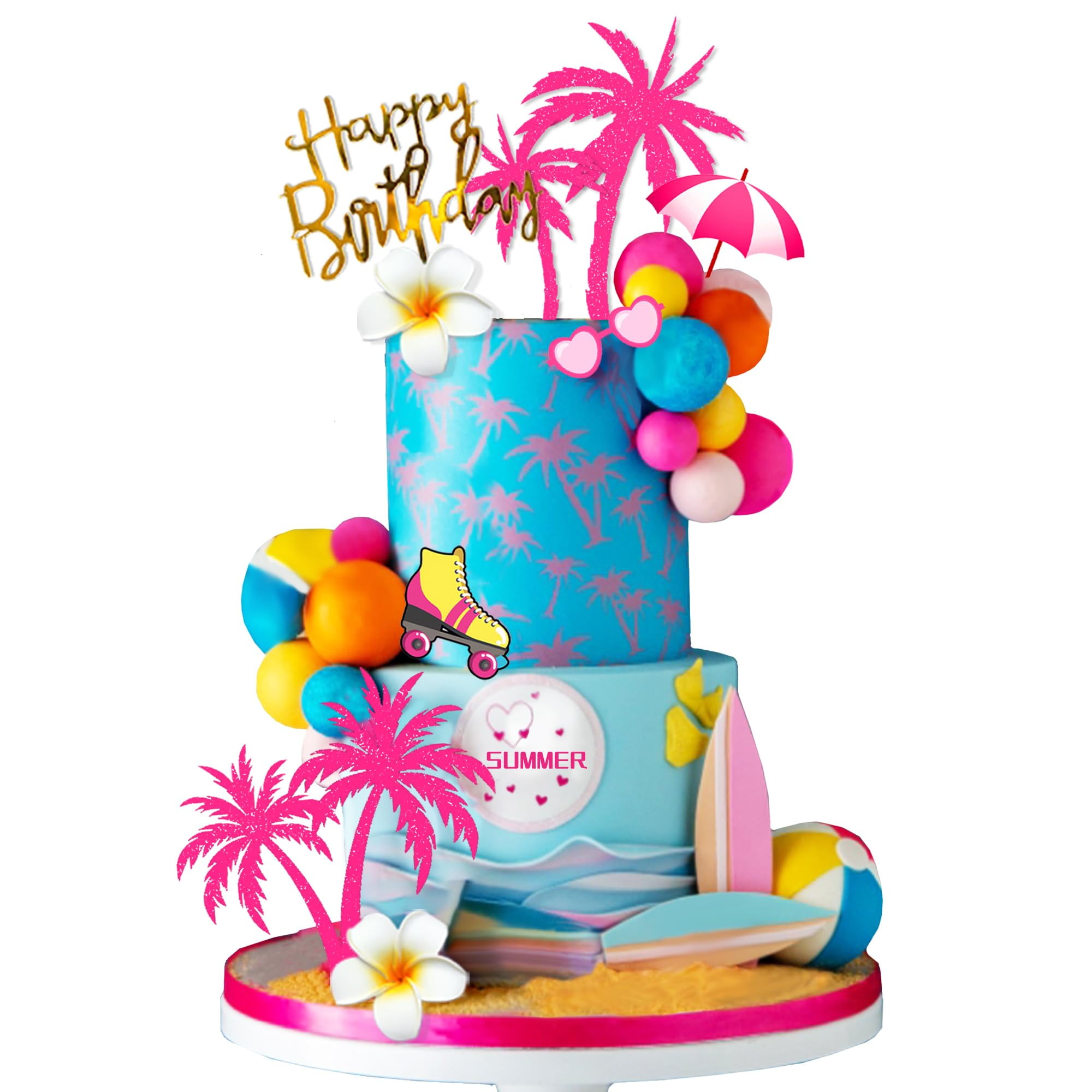 DRWATE Summer Hawaiian Cake DEF29 Topper with Beach Ball Sun Umbrella Goggles Beach Cake ...
