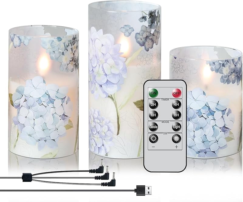 DRomance Hydrangea Glass Flameless Candles with Remote Timer Battery ...