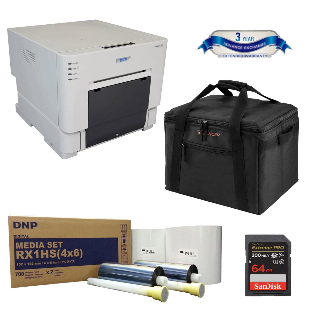 "DNP DS-RX1HS 6"" Dye Sublimation Printer, 4x6"" Print Media, 64GB SDXC, Carrying Case, 3-Year ...
