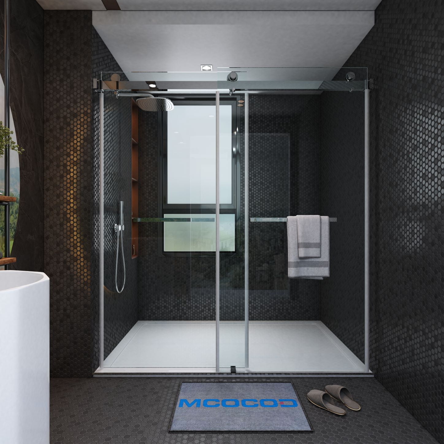 MCOCOD 56 to 61 in. W x 76 in. H Modern Frameless Double Sliding Shower Door, Chrome Finish ...