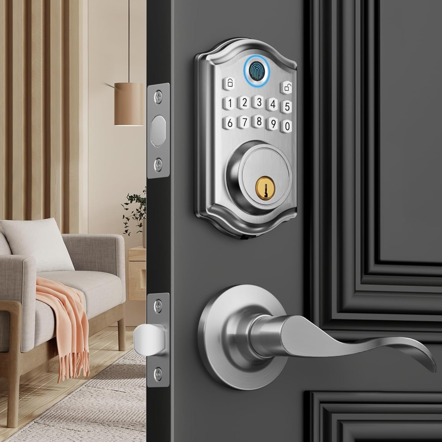 DS10 Keyless Entry Door Lock with 2 Lever Handle, Fingerprint, Keypad ...