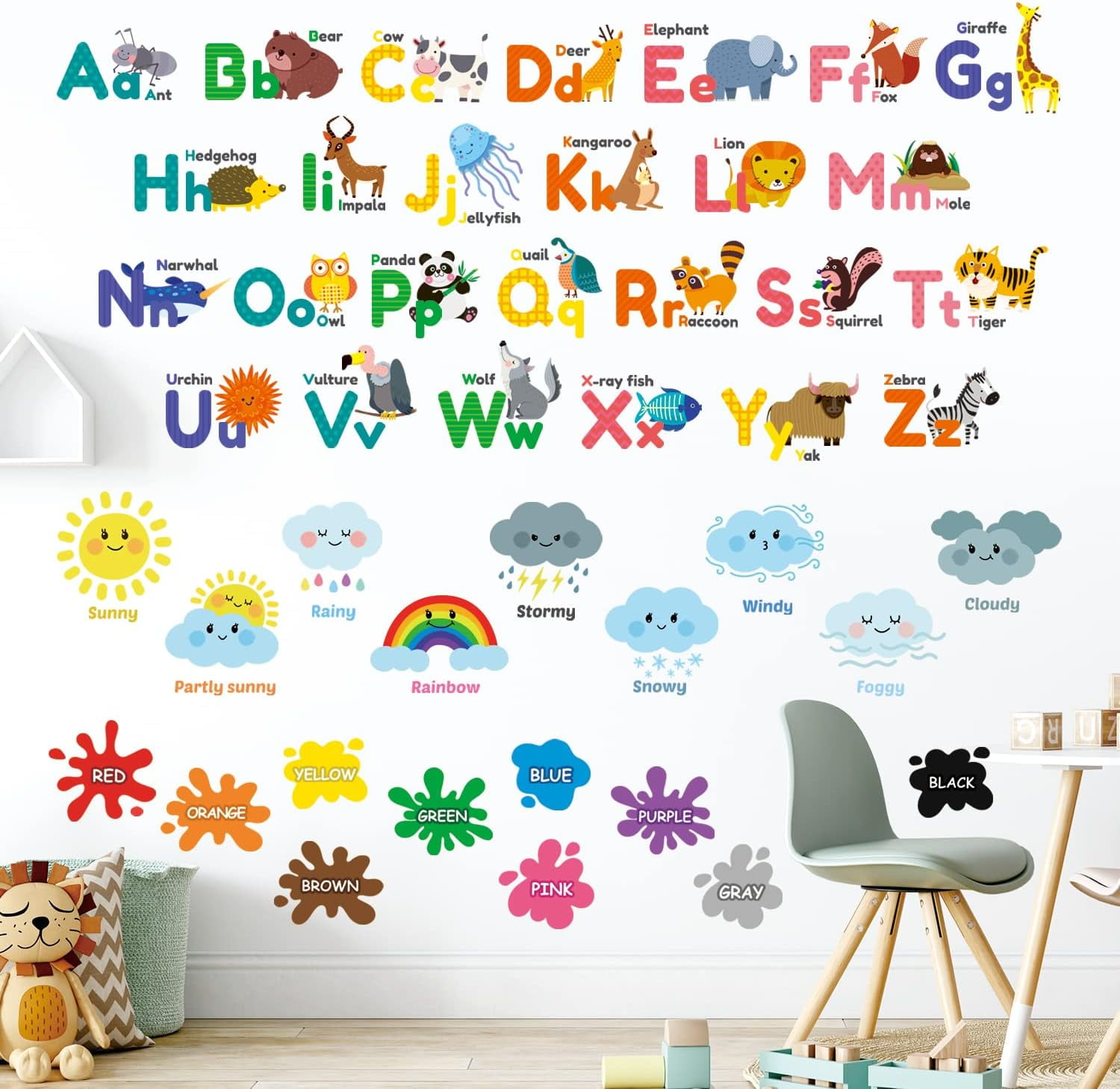 DS12-8070N Animal Alphabet Numbers Colour Weather Kids Wall Stickers ...