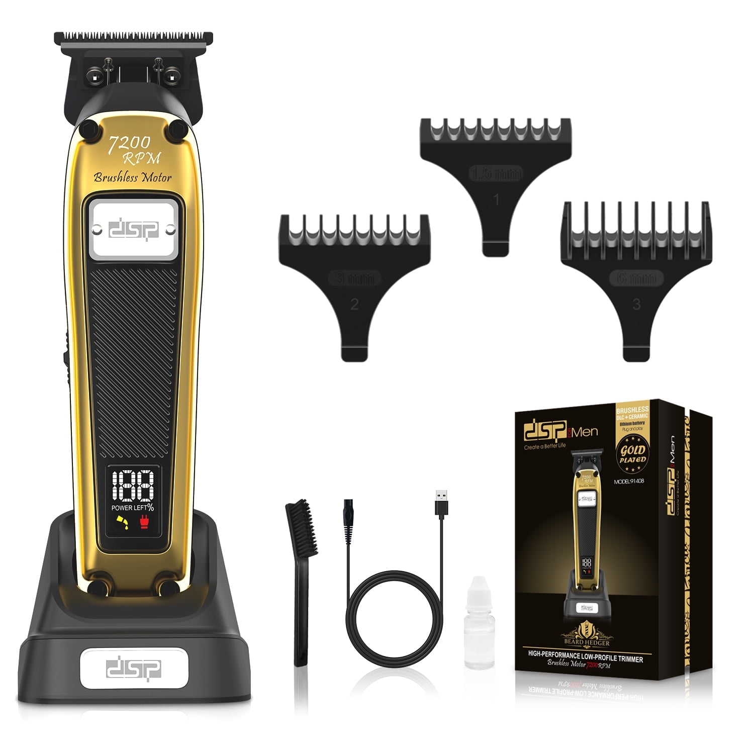 DSP Professional Beard Trimmer for Men, Cordless with 3 Combs, 7200RPM ...