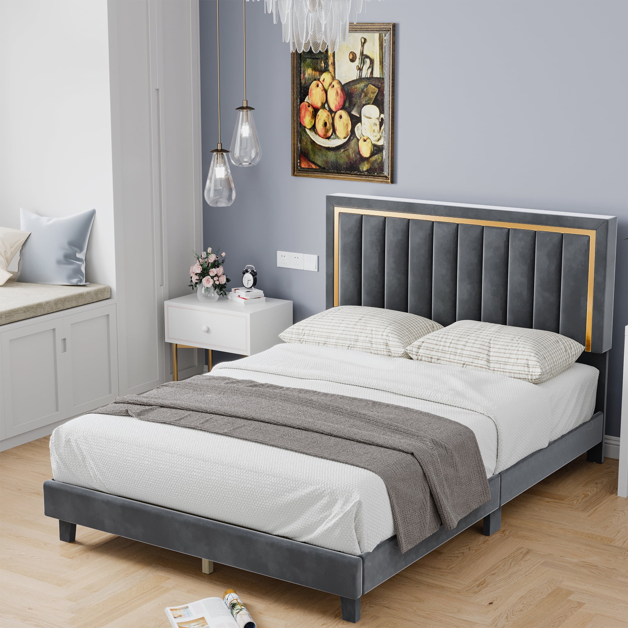KTENME Full Size Bed Frame, Velvet Upholstered Platform Bed with ...