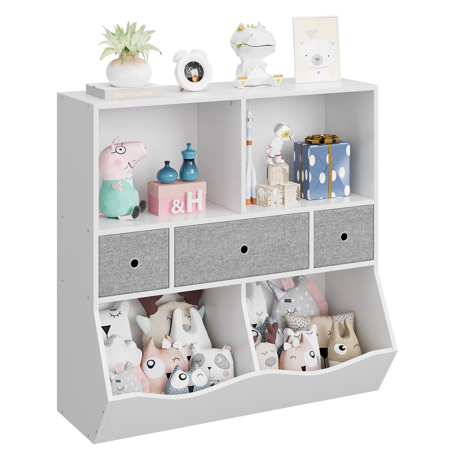 DSSTYLES Kid's Cubby Toy Storage Cabinet, Wood Toy Organizer of 7 Bins ...