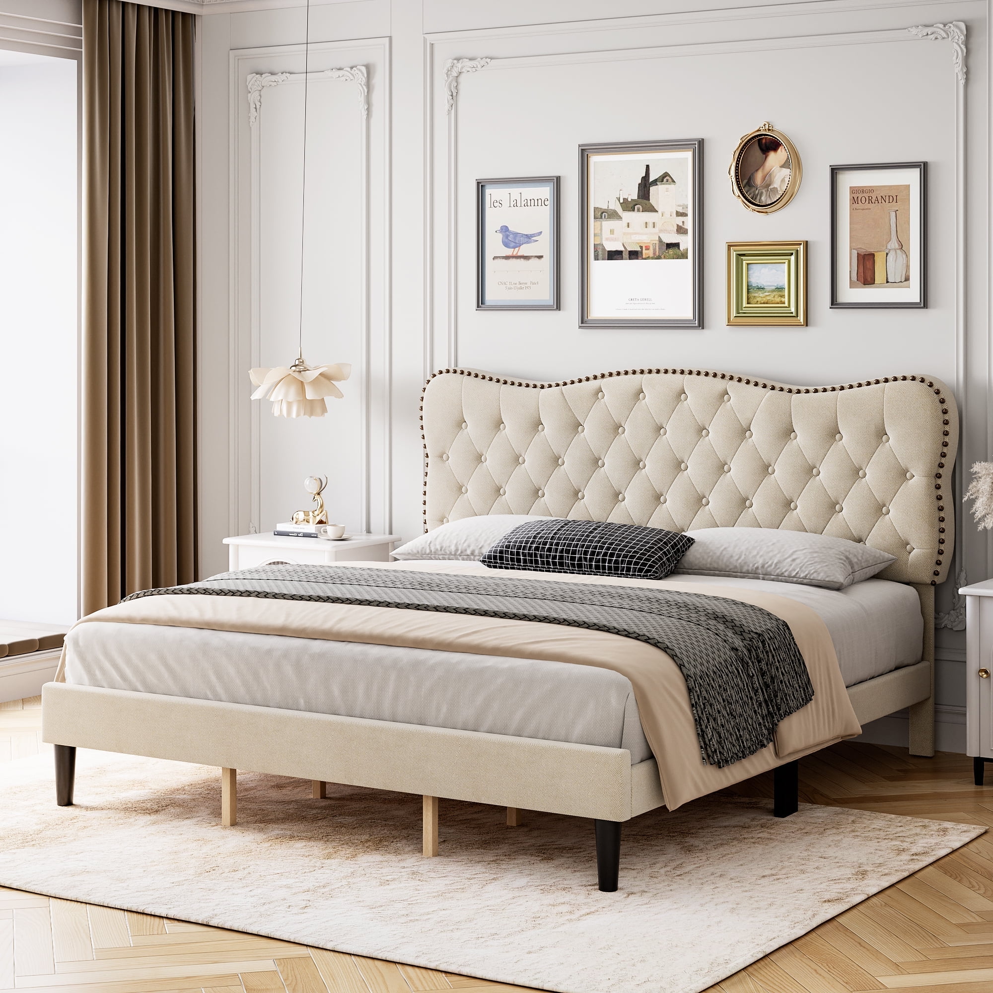 DSSTYLES Queen Size Linen Platform Bed Frame with Wooden Slats and ...