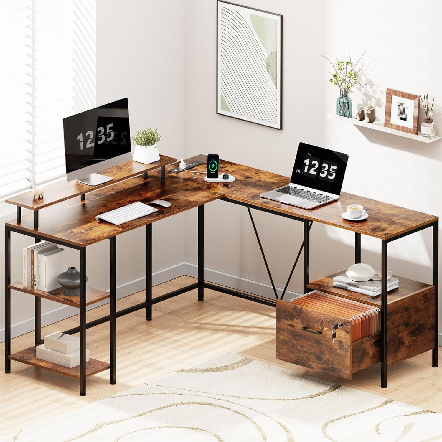 DSWXVG L Shaped Computer Desk with Power Outlets & LED Lights ...
