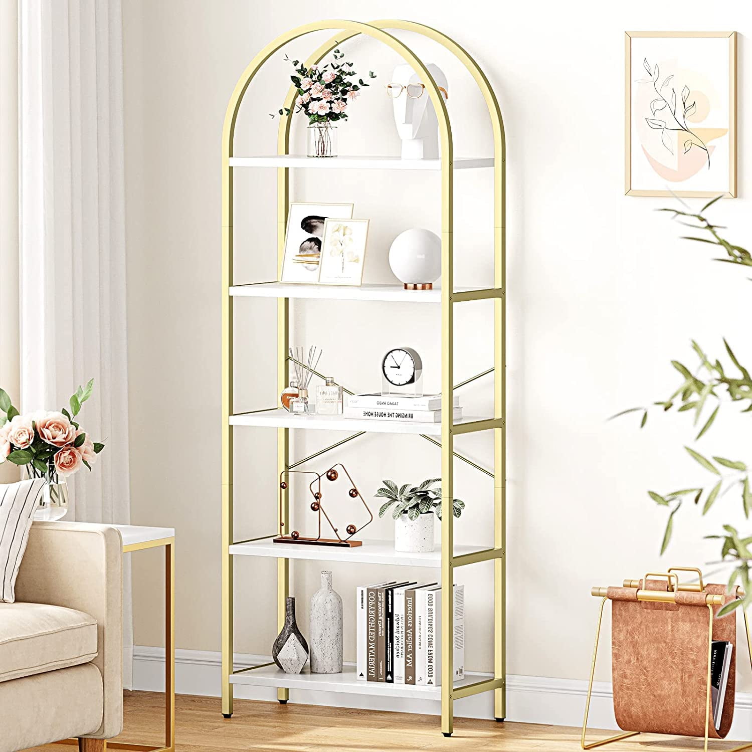 DSstyles 5 Tier Bookcase, Gold Metal Frame, Storage Rack for Office ...