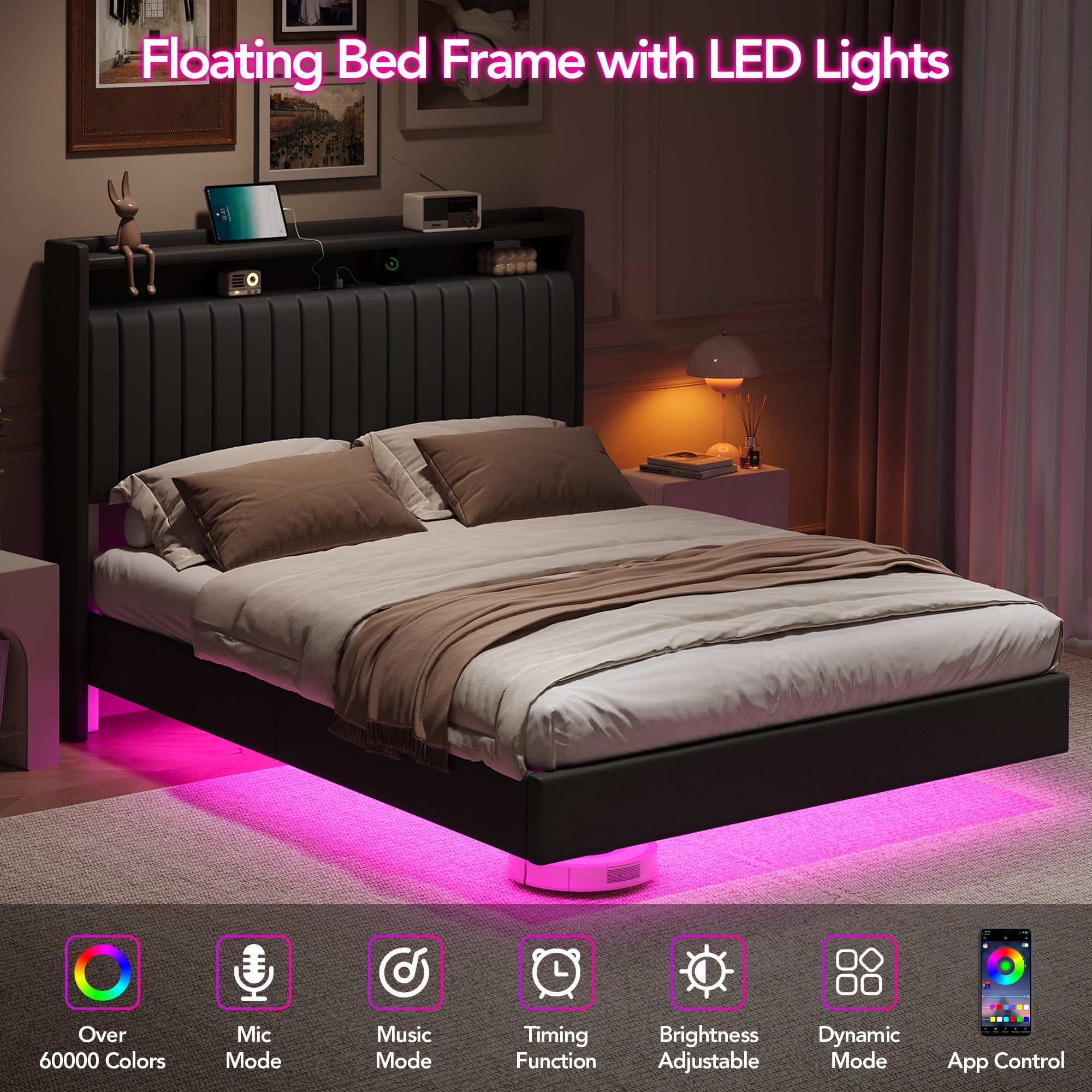 DSstyles 80*56*50" Floating Bed Frame with LED Lights & 2-Tier Storage ...