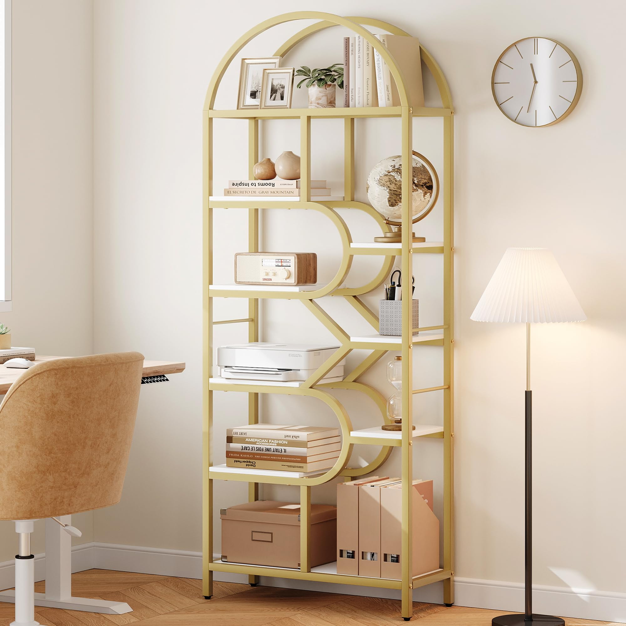 DSstyles Bookshelf 6 Tier Arched Bookcase 81.7in Tall Display Racks ...