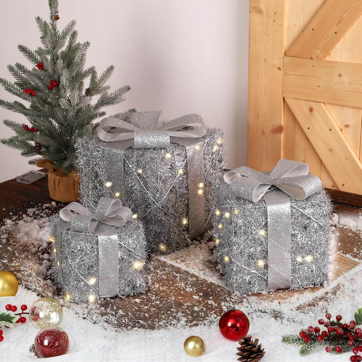 DSstyles Christmas Lighted Gift Boxes Set of 3, Battery Operated Light ...