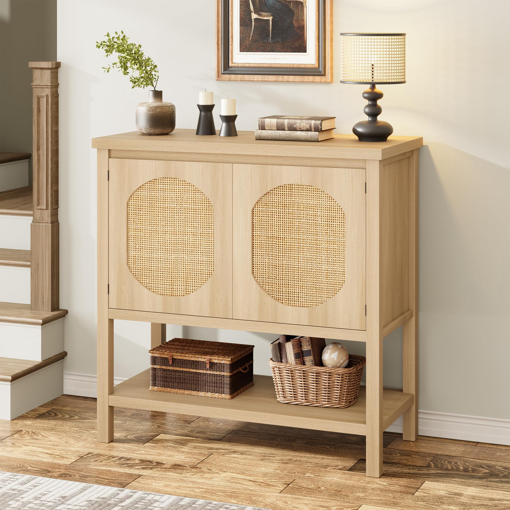 DSstyles Console Table, Storage Cabinet with 2 Rattan Cabinet Doors ...