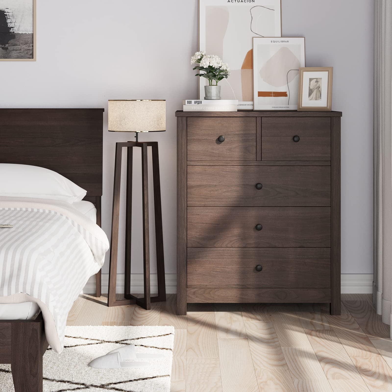 DSstyles 5 Drawer Dresser Storage Organizer, Solid Wood and Metal, Dark ...