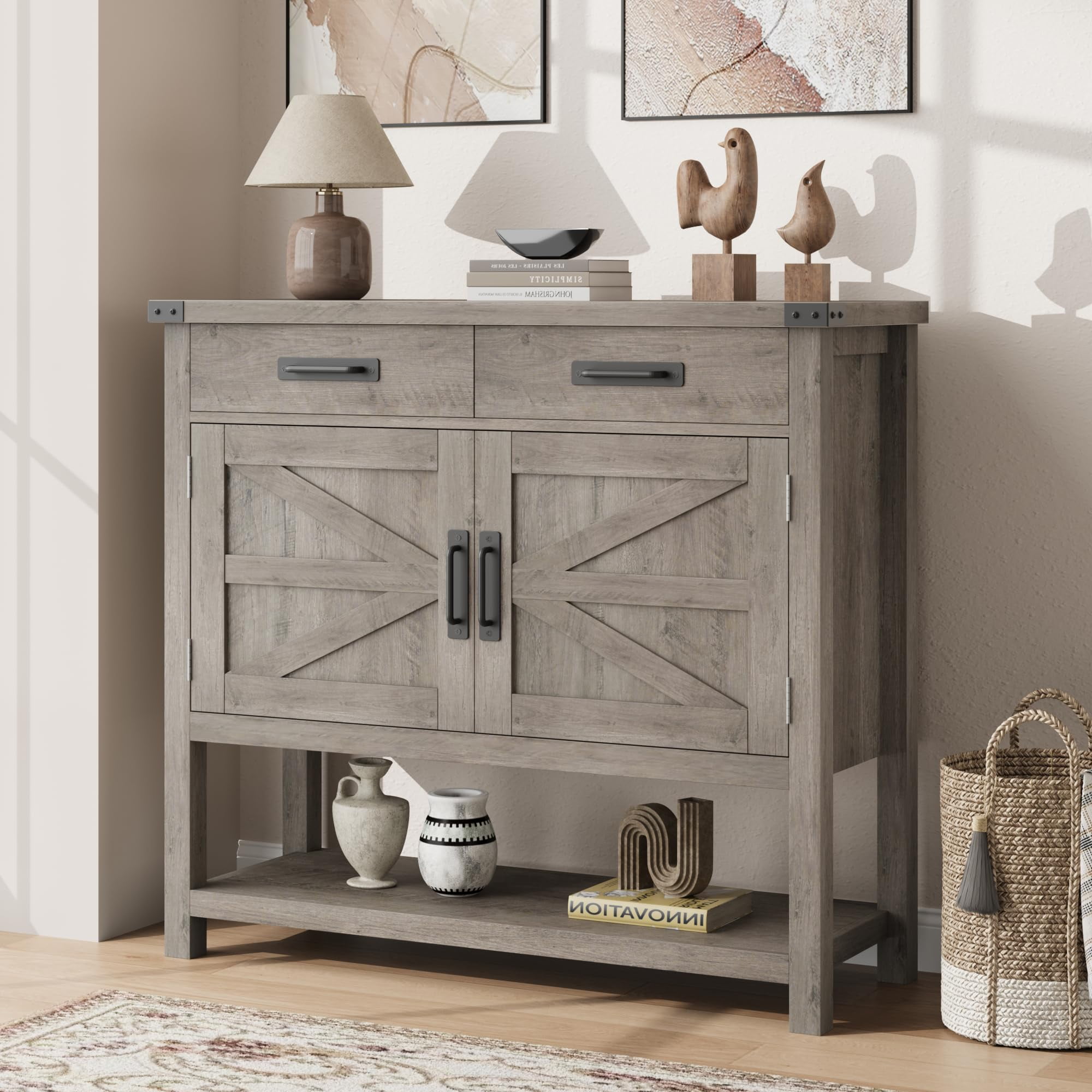 DSstyles Farmhouse Entryway Table with 2-Door Cabinet & 2 Drawers, Wood ...
