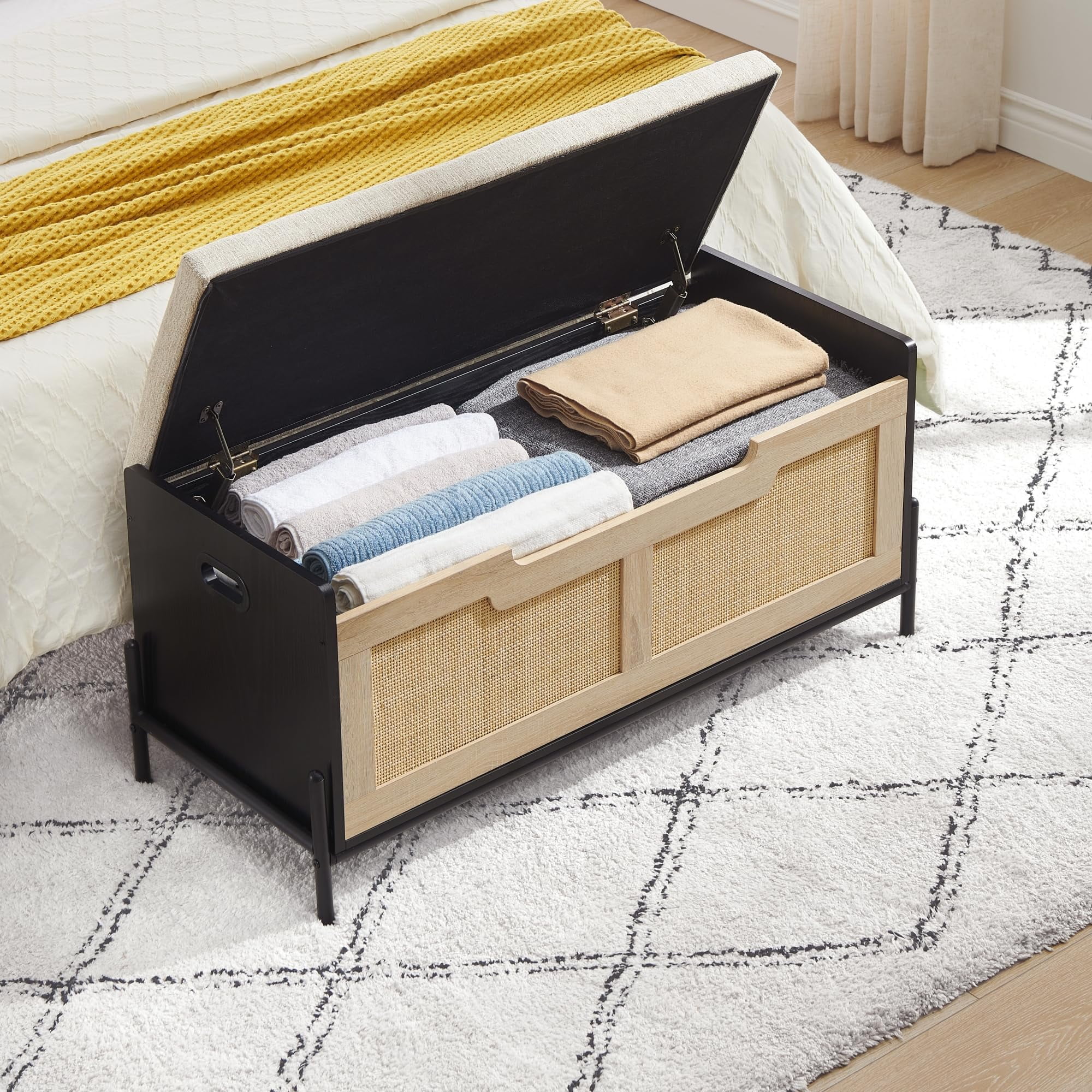 DSstyles Flip-Top Storage Bench with 2 Safety Hinges,39.4 inches Rattan ...