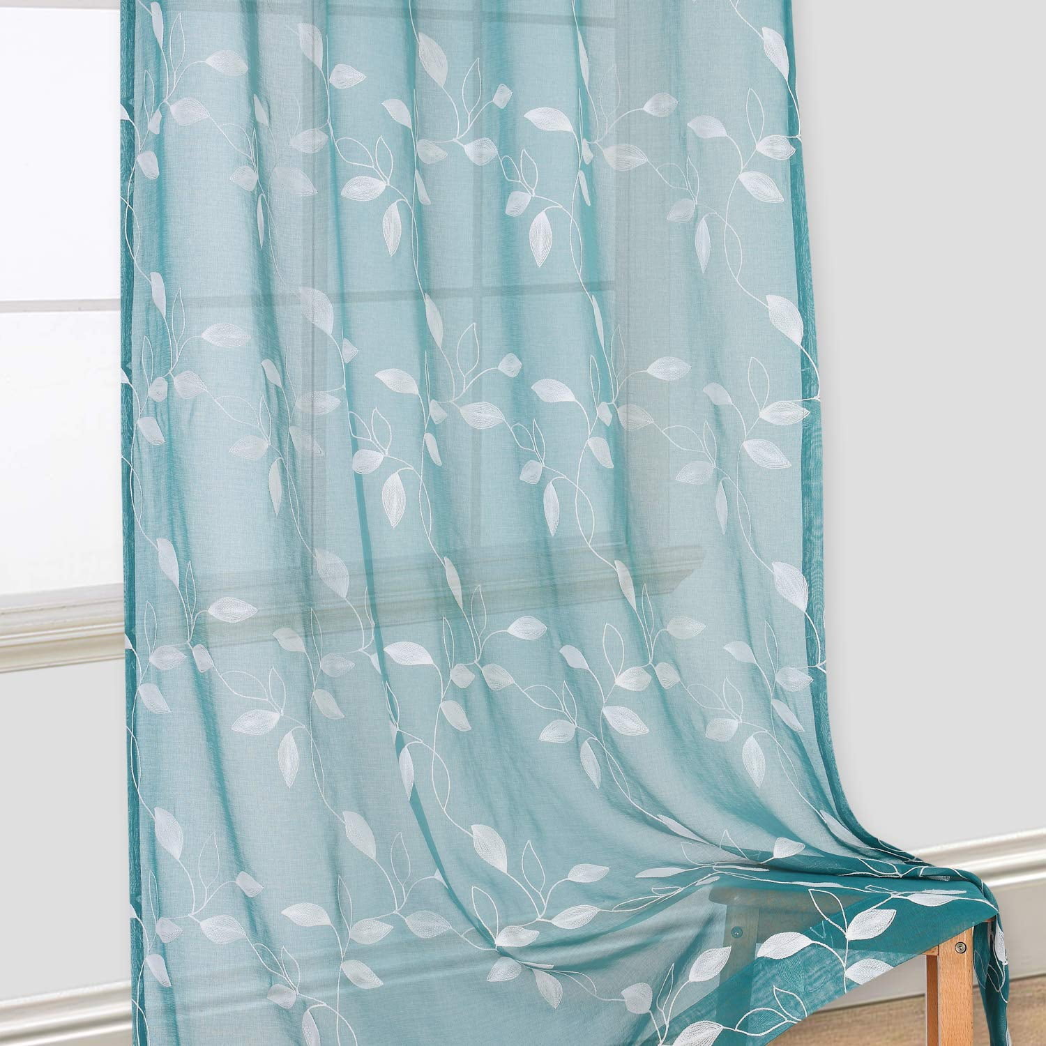 DSstyles Floral Sheer Curtains, Elegant Leaves Pattern Matched Ribbon ...