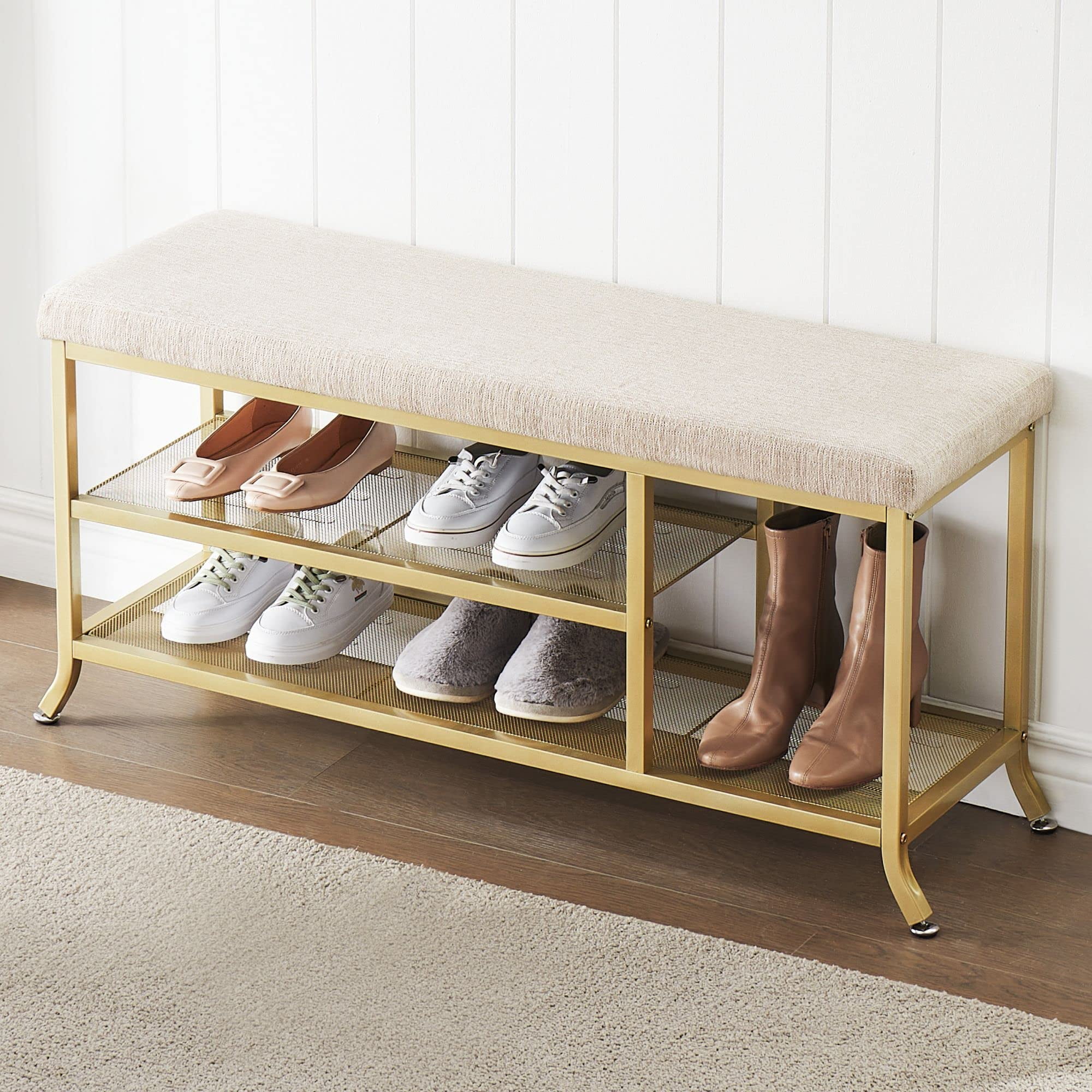 DSstyles Gold 2-Tier Shoe Organizer Bench with Cushion, Sturdy Metal ...