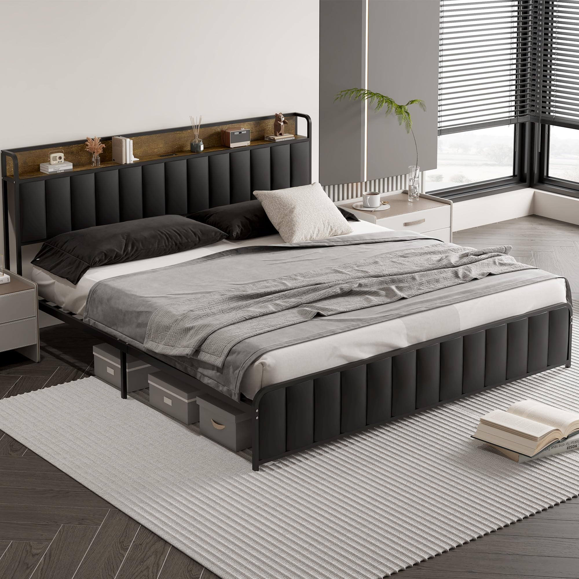 DSstyles King Bed Frame with Storage Headboard and Charging Station ...
