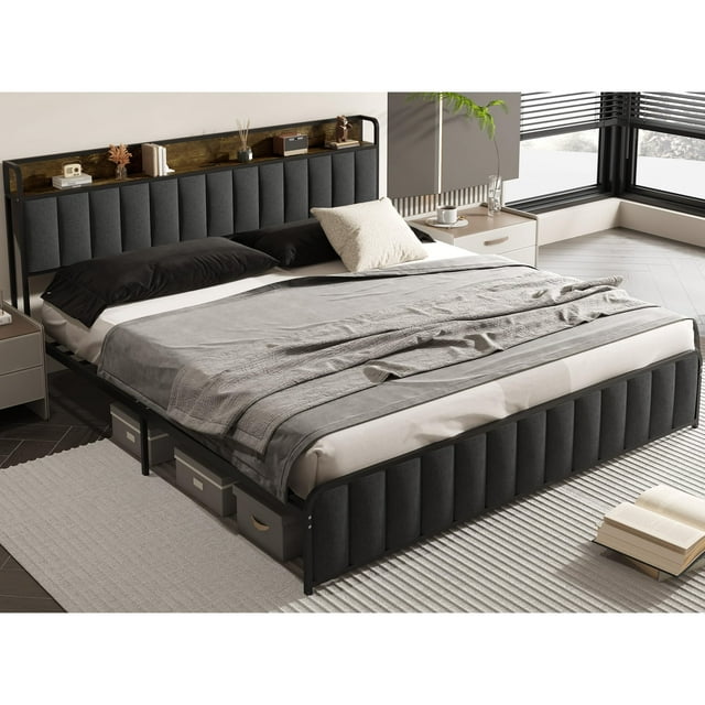 DSstyles King Bed Frame with Storage, USB Ports, Upholstered, No Box ...