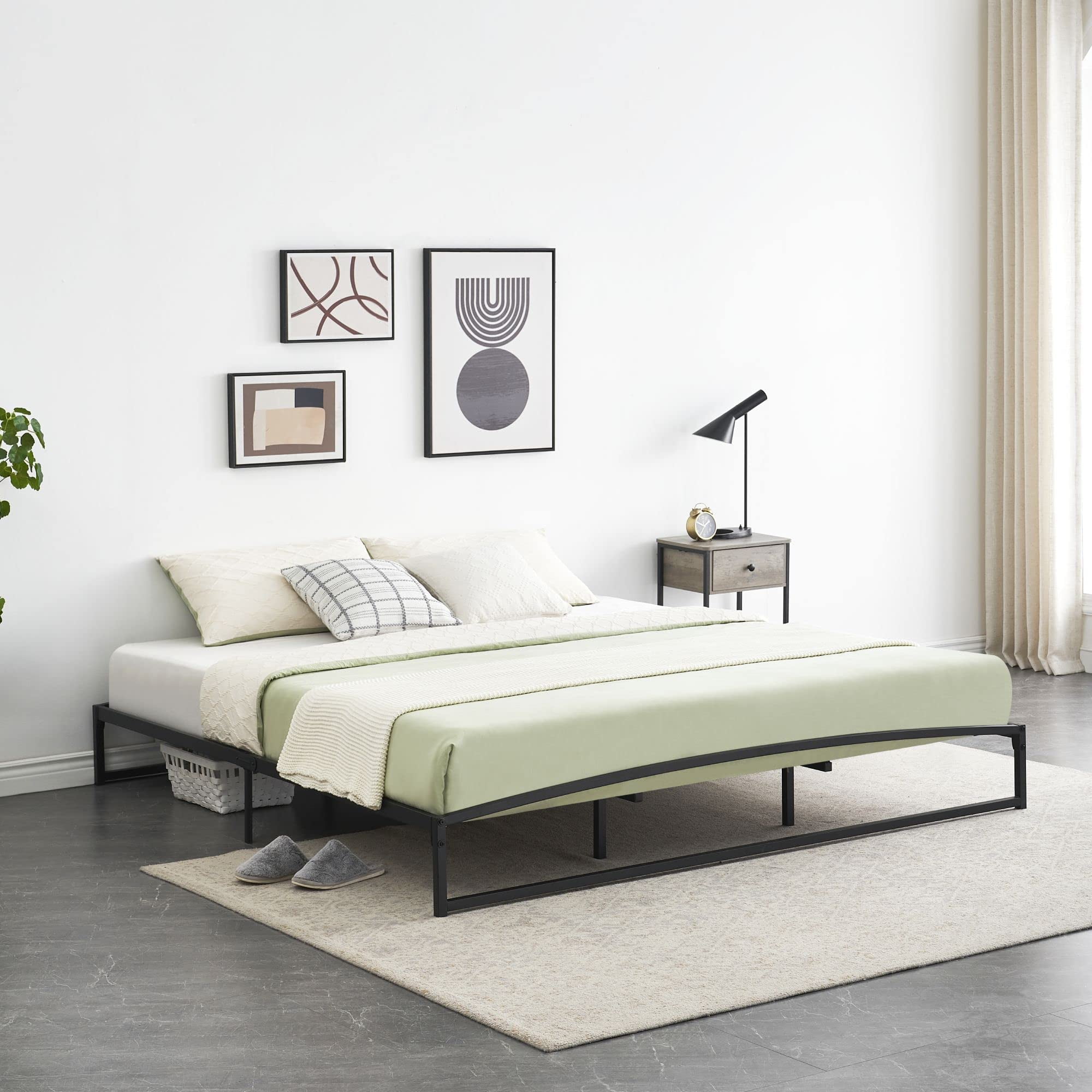 DSstyles Metal Queen Bed Frame with Upholstered Headboard and Metal ...