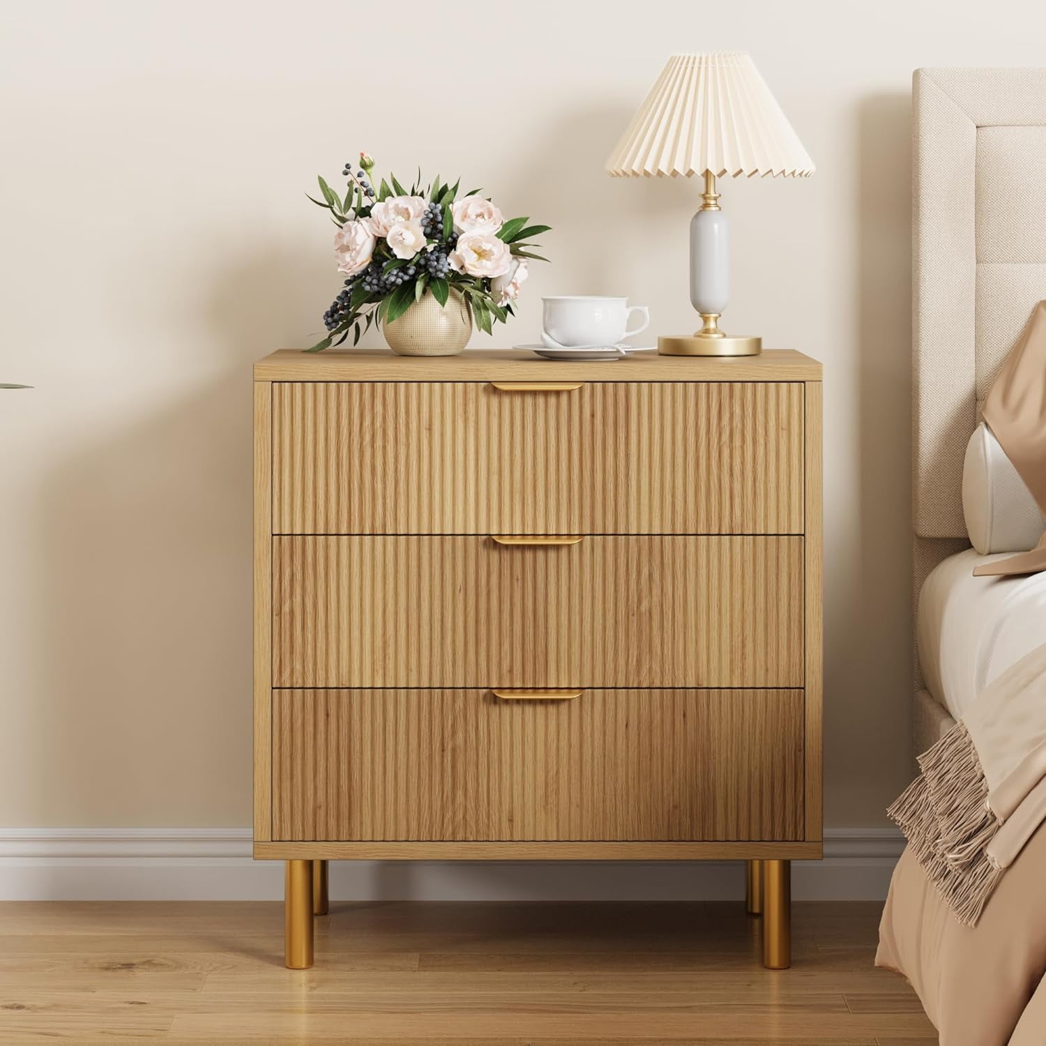 DSstyles Modern 3 Drawer Dresser, Natural Dresser for Bedroom with Gold ...