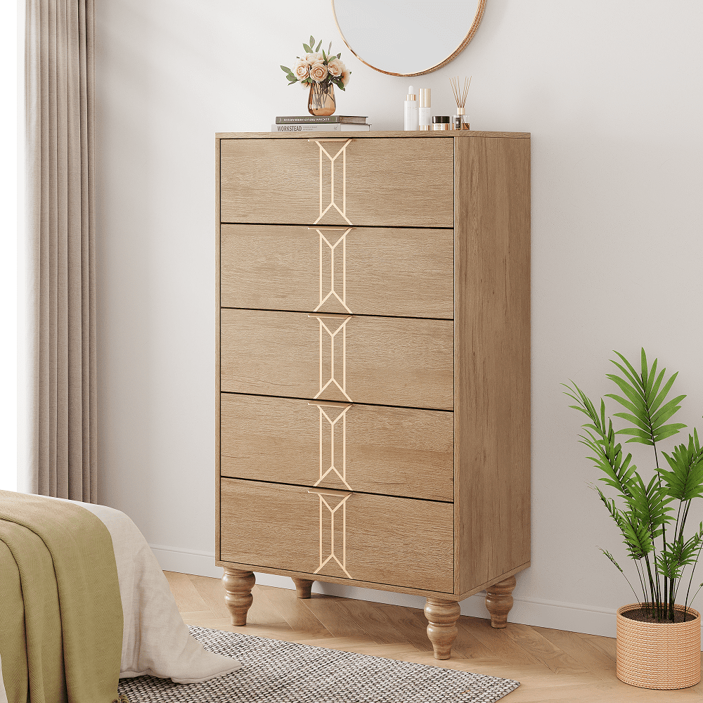 DSstyles Modern Wooden 5 Drawer Dresser with Vintage Pattern Design ...
