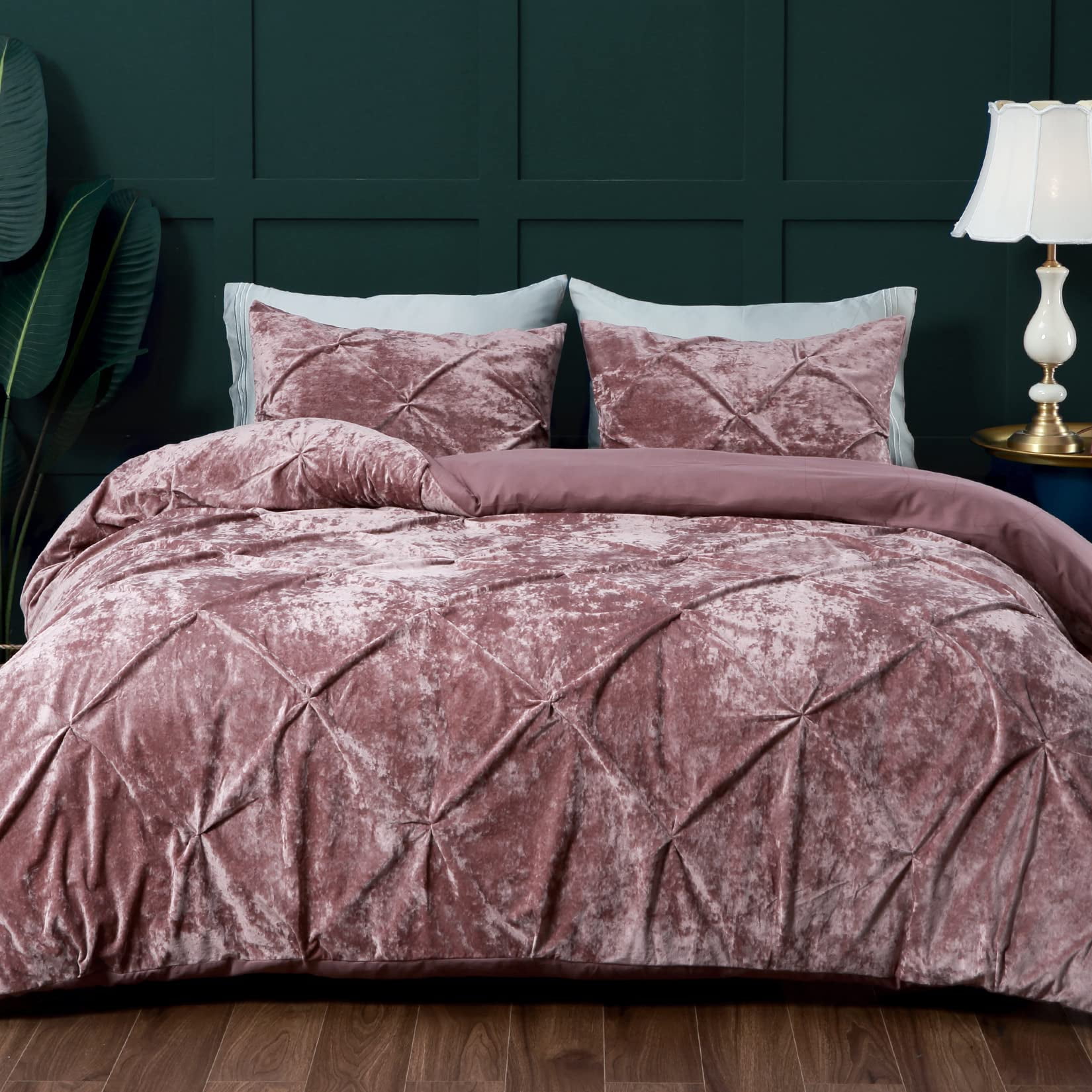 DSstyles Velvet Duvet Cover Queen Size - Luxury Pinch Pleated Duvet Cover Bedding Set Soft ...