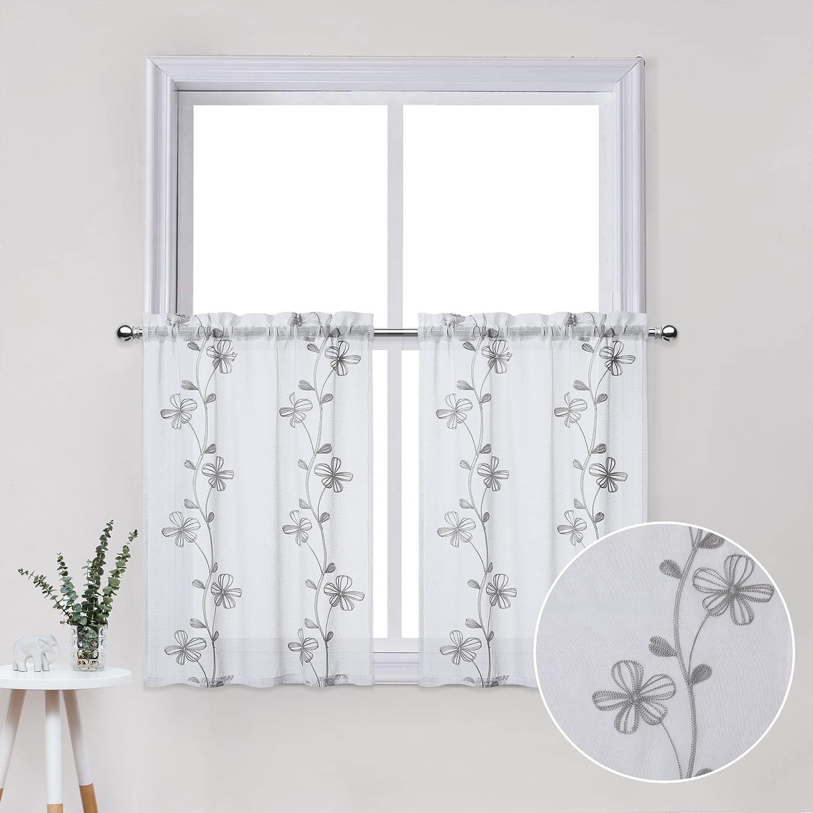 DSstyles White Sheer Valance Curtain, Floral Embroidered Kitchen Window ...