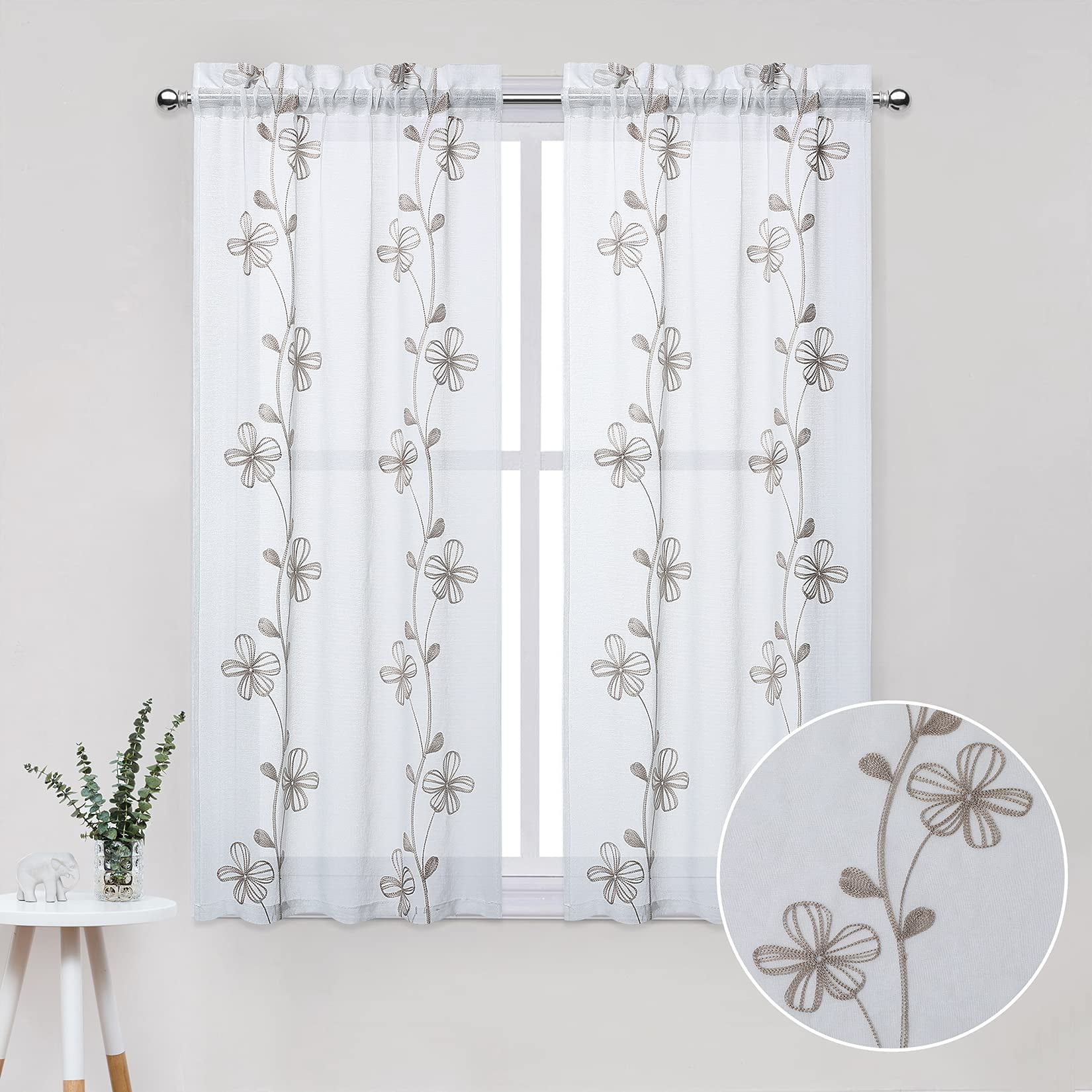 DSstyles White Sheer Valance Curtain, Floral Embroidered Kitchen Window ...